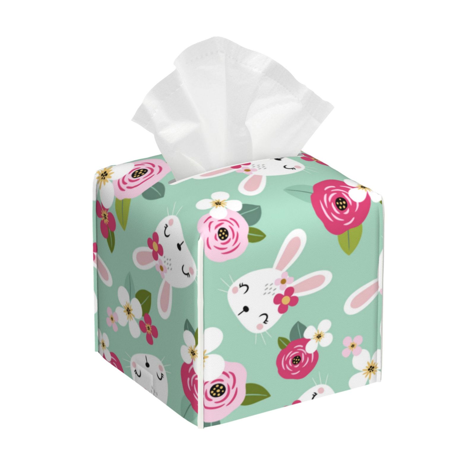 Leather Tissue Box Cover Square - Cartoon Cute Rabbit Flower Rose_A ...
