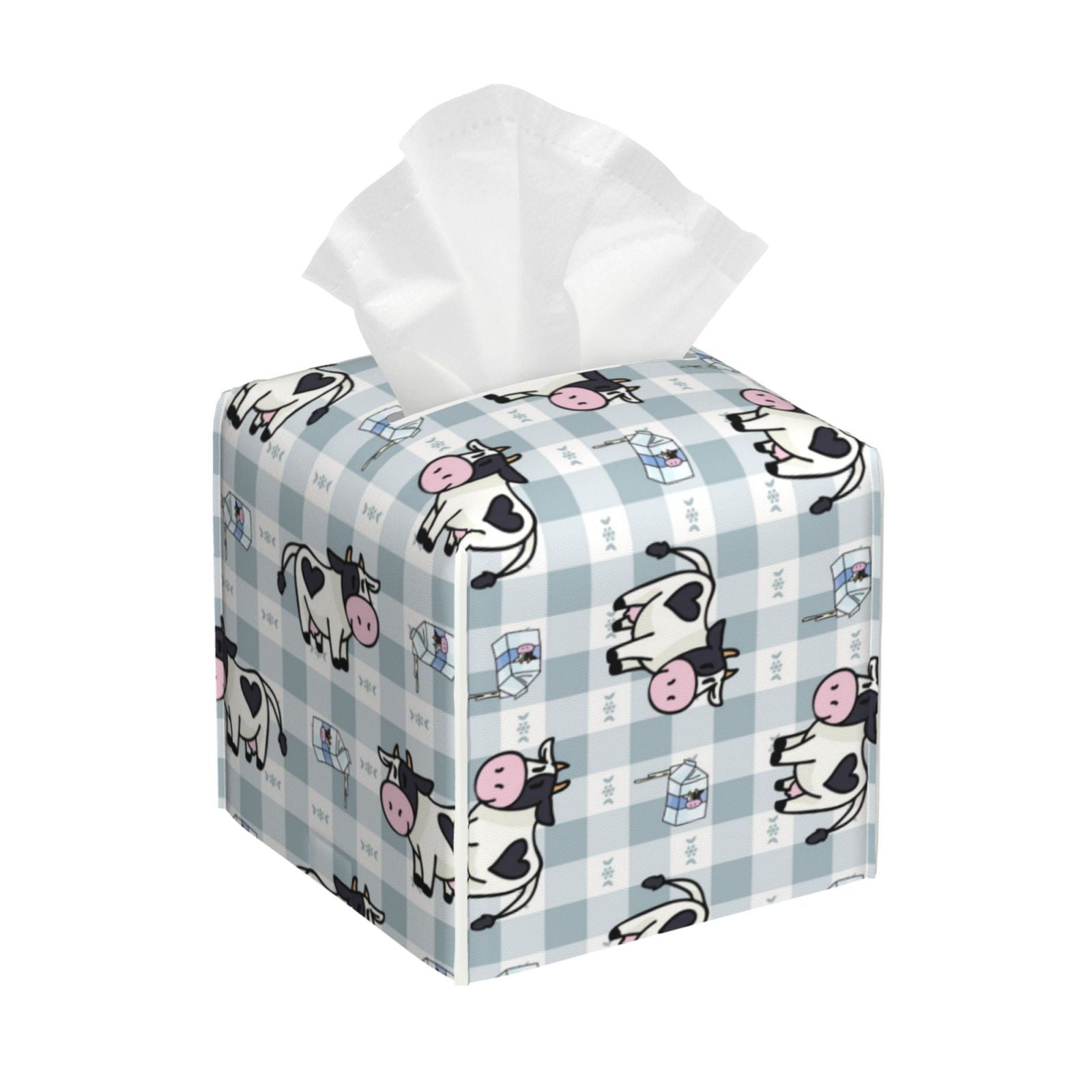 Leather Tissue Box Cover Square - Cartoon Plaid Cute Cow Milk ...