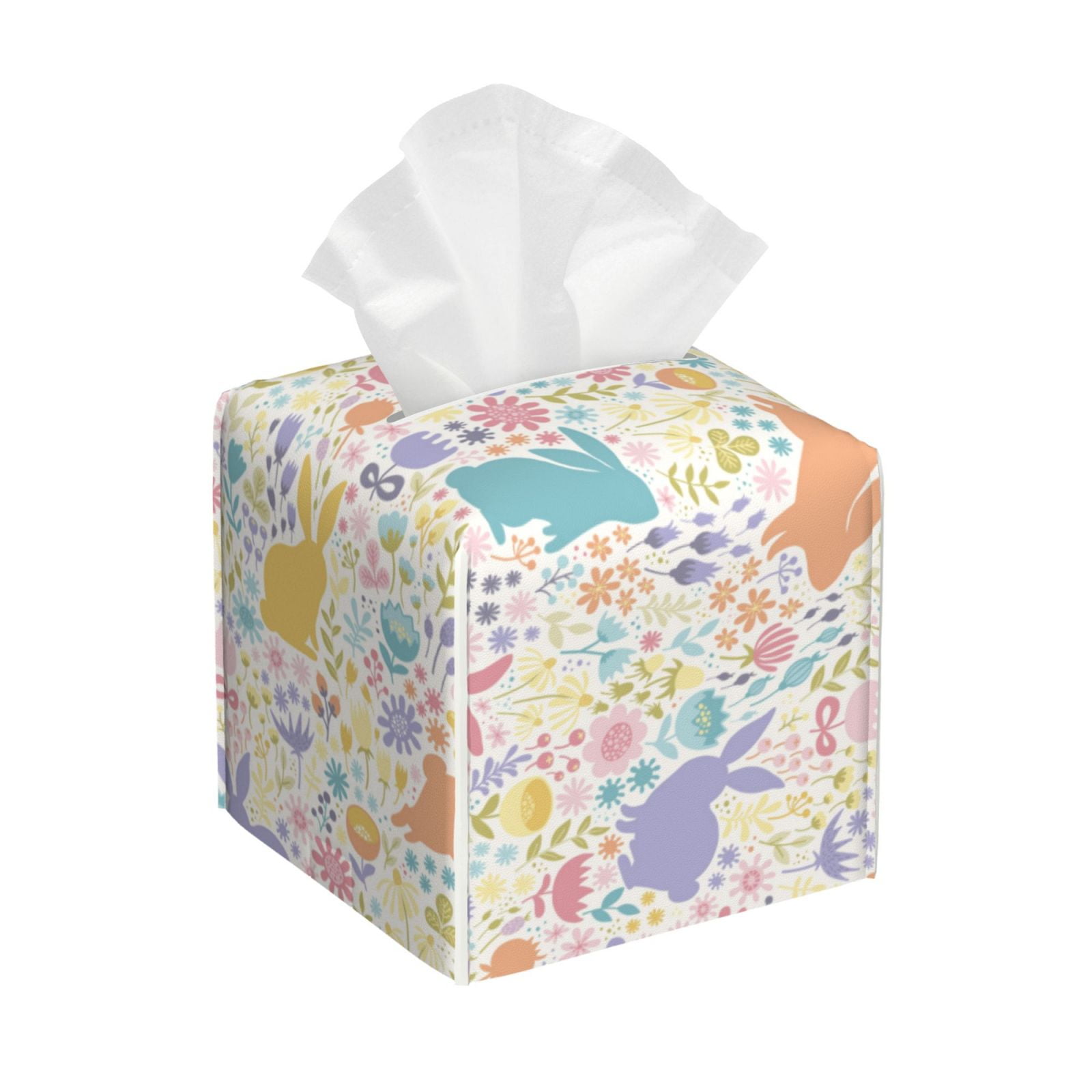 Leather Tissue Box Cover Square - Colorful Bohemian Rabbit Flowers ...