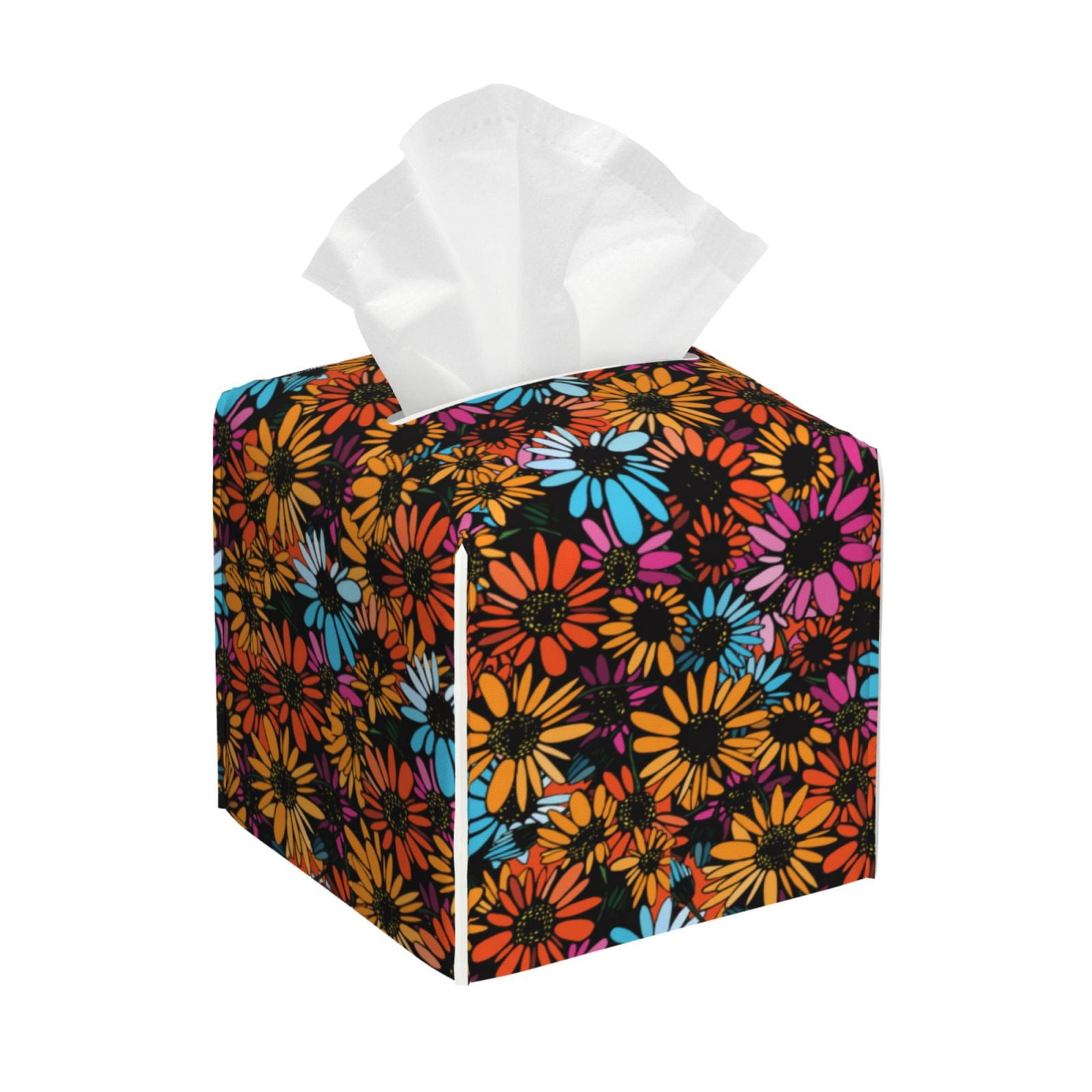 Leather Tissue Box Cover Square - Colorful Daisies Flowers A ...