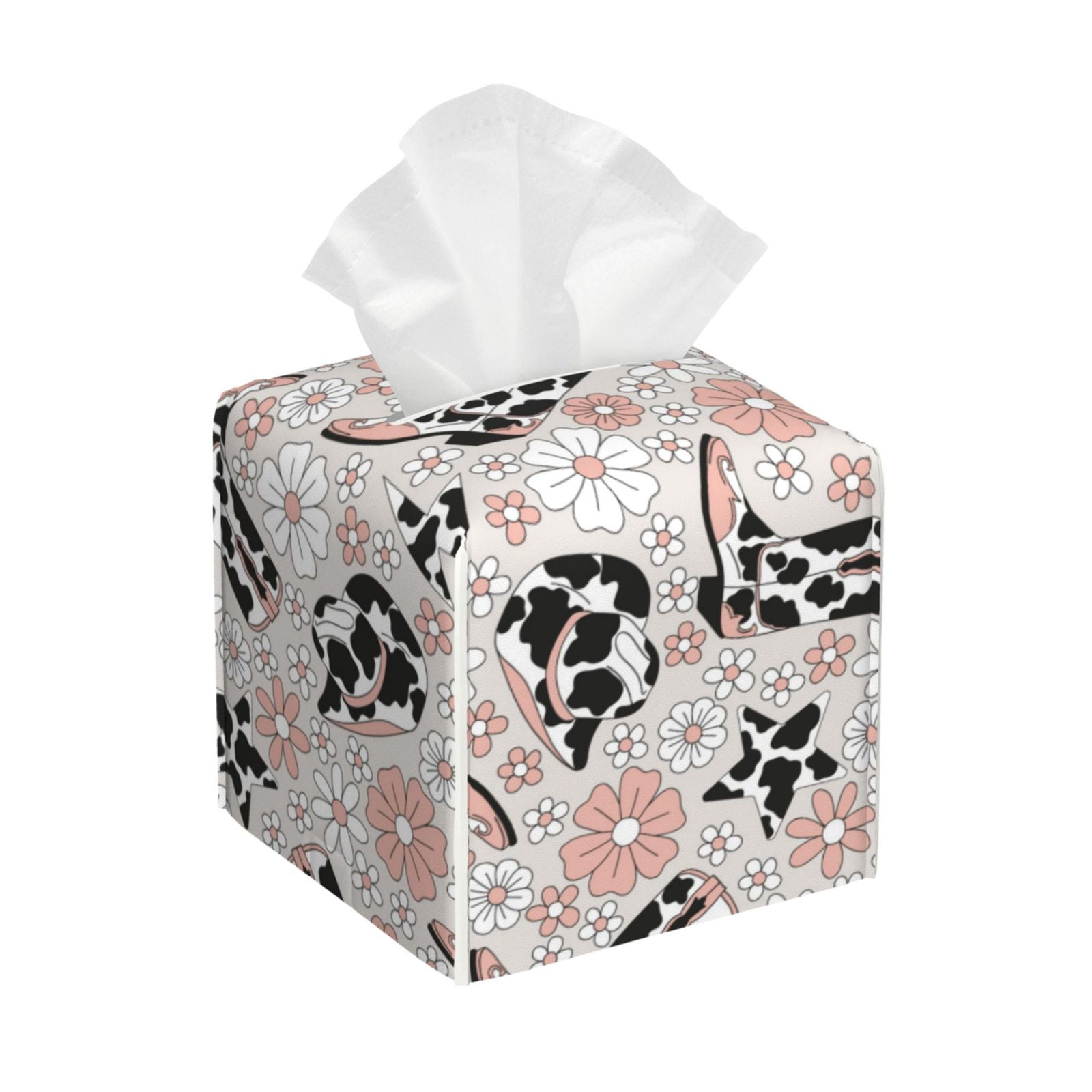 Leather Tissue Box Cover Square - Cow Print Cowboy Hat Boots Flower ...