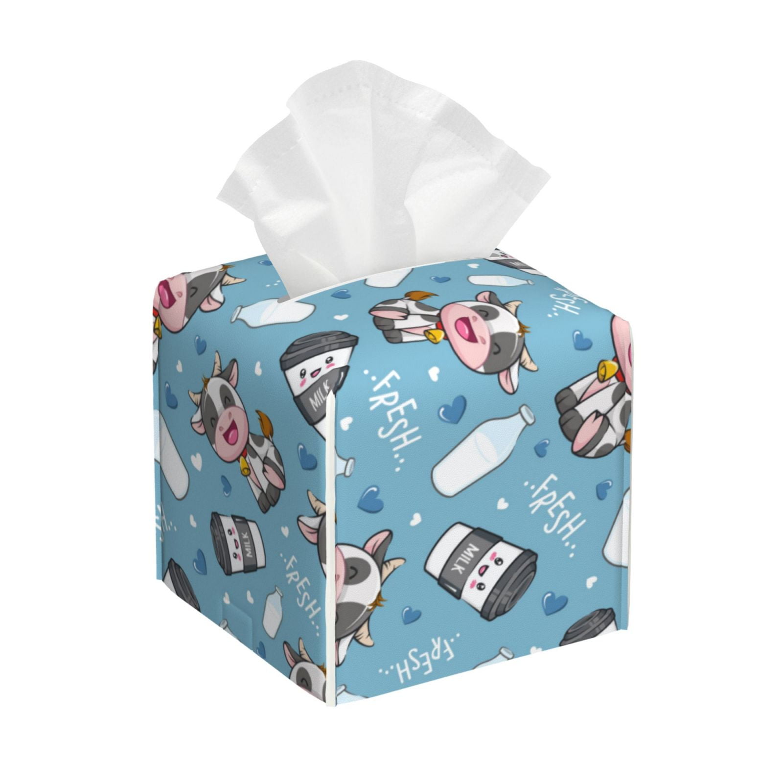 Leather Tissue Box Cover Square - Cute Cartoon Cow Milk Blue Love ...