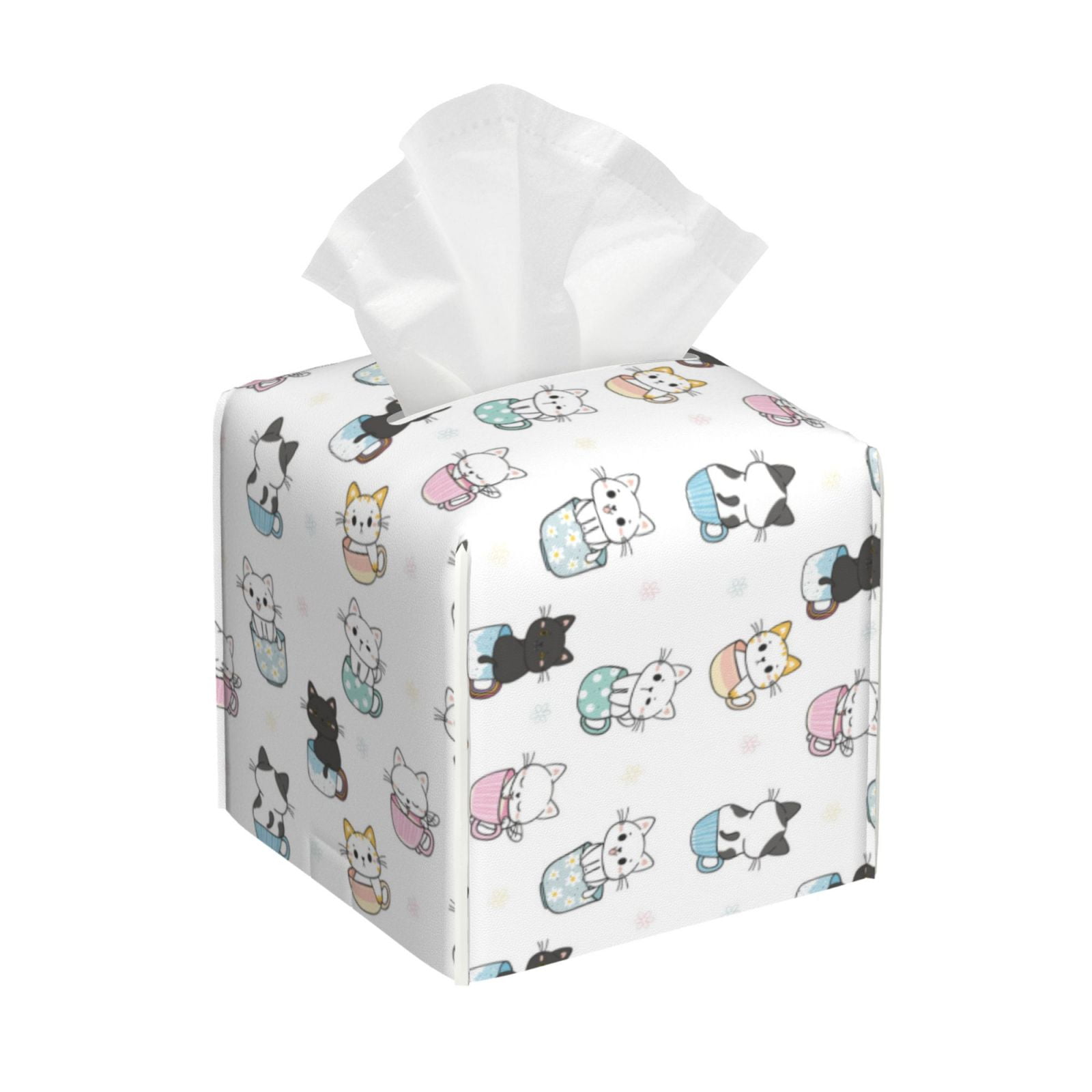 Leather Tissue Box Cover Square - Cute Cartoon Hand Drawn Cat ...
