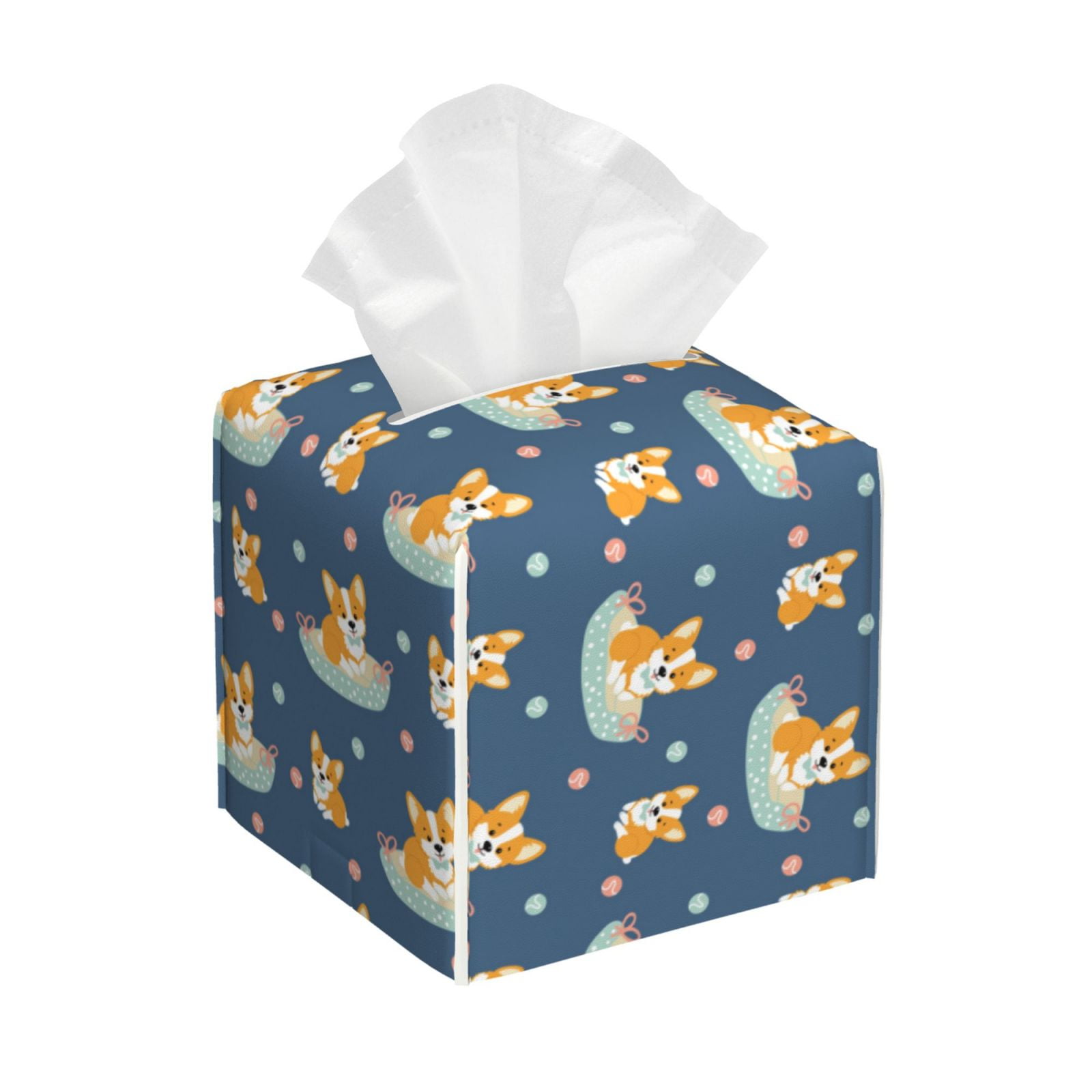Leather Tissue Box Cover Square - Cute Corgi Dog Softball Waterproof ...