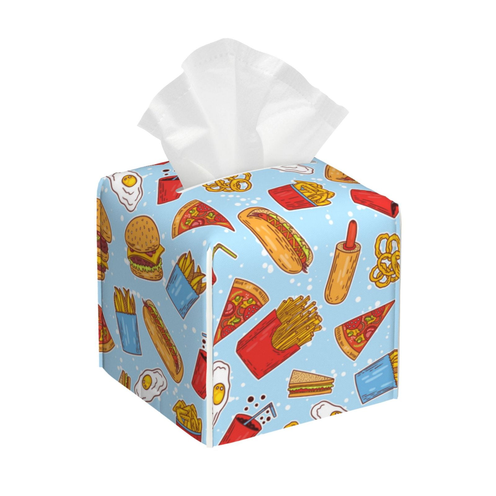 Leather Tissue Box Cover Square - Cute Food Egg Burger Fries ...