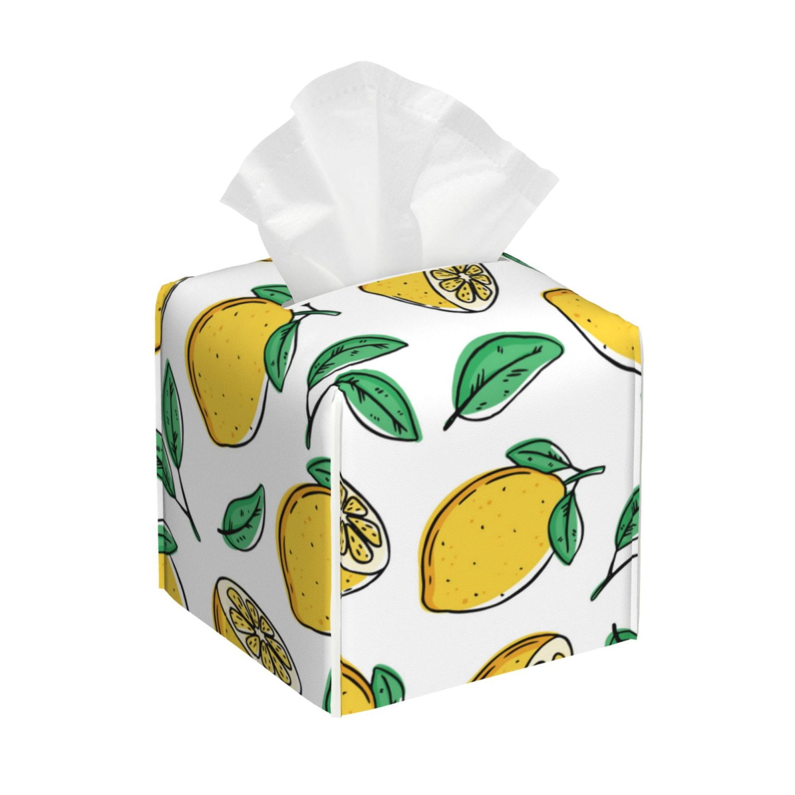 Leather Tissue Box Cover Square - Cute Lemon Forest Green Leaves ...