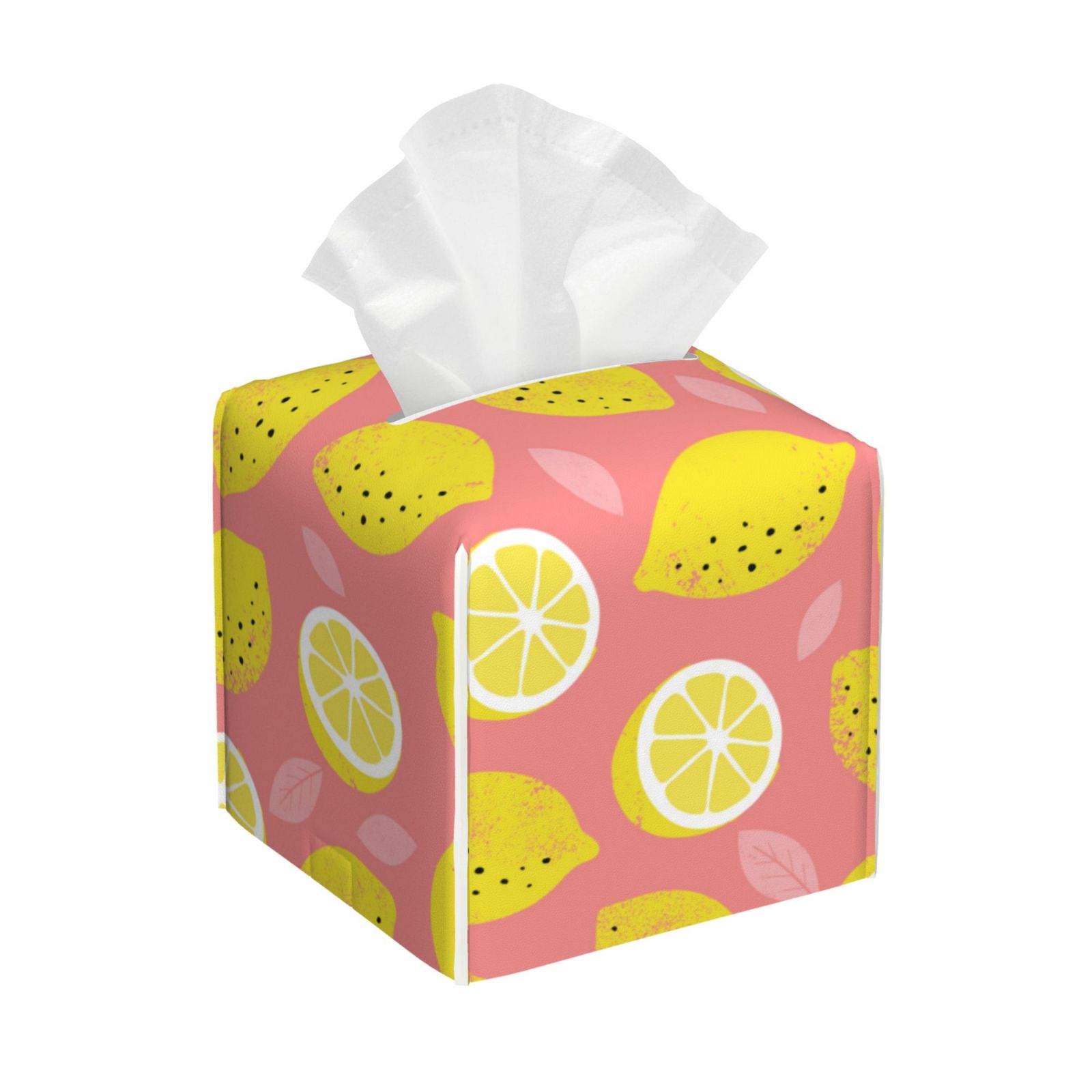 Leather Tissue Box Cover Square - Cute Lemon Pink Leaves Lightweight ...