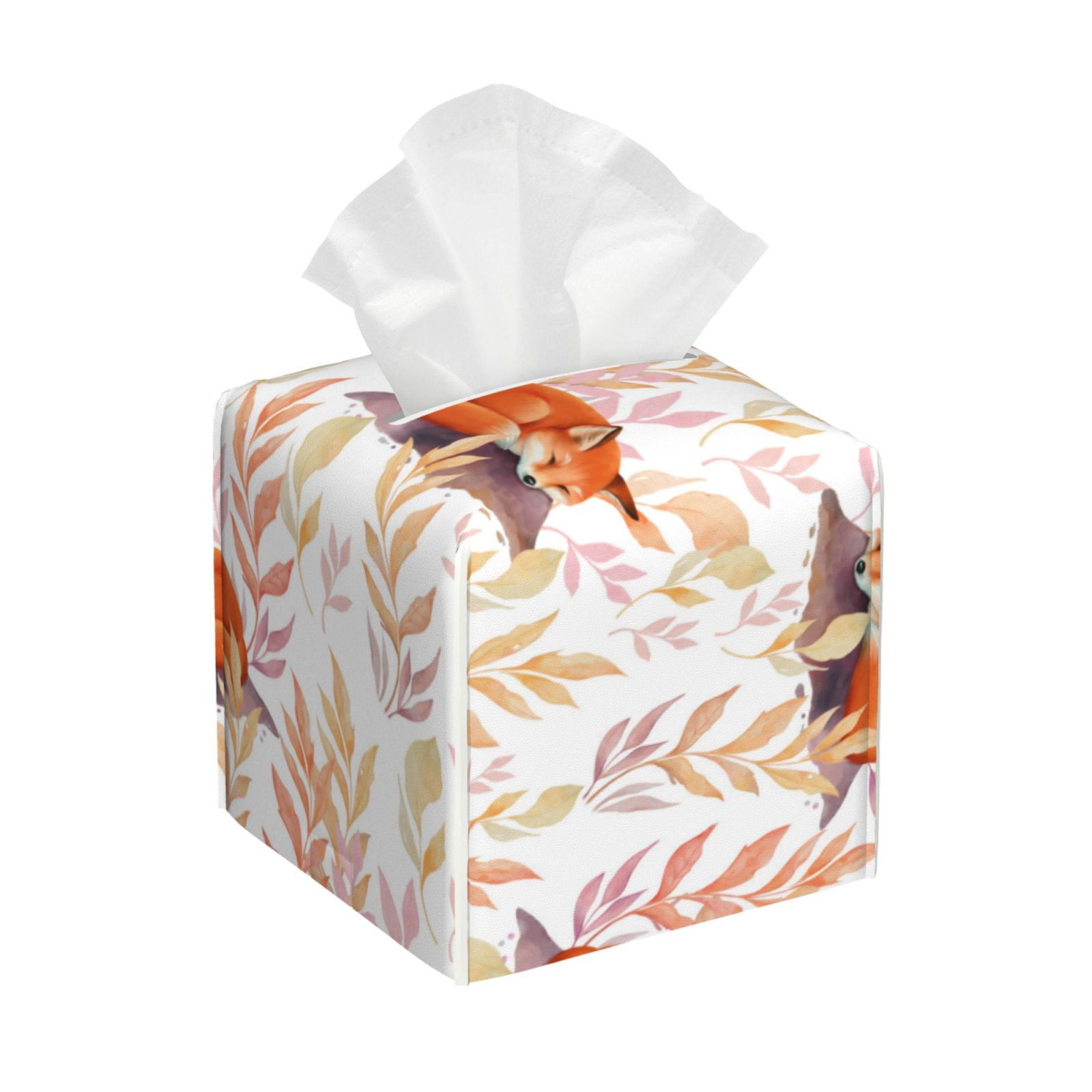 Leather Tissue Box Cover Square, Cute Sleepy Fox Waterproof Lightweight ...