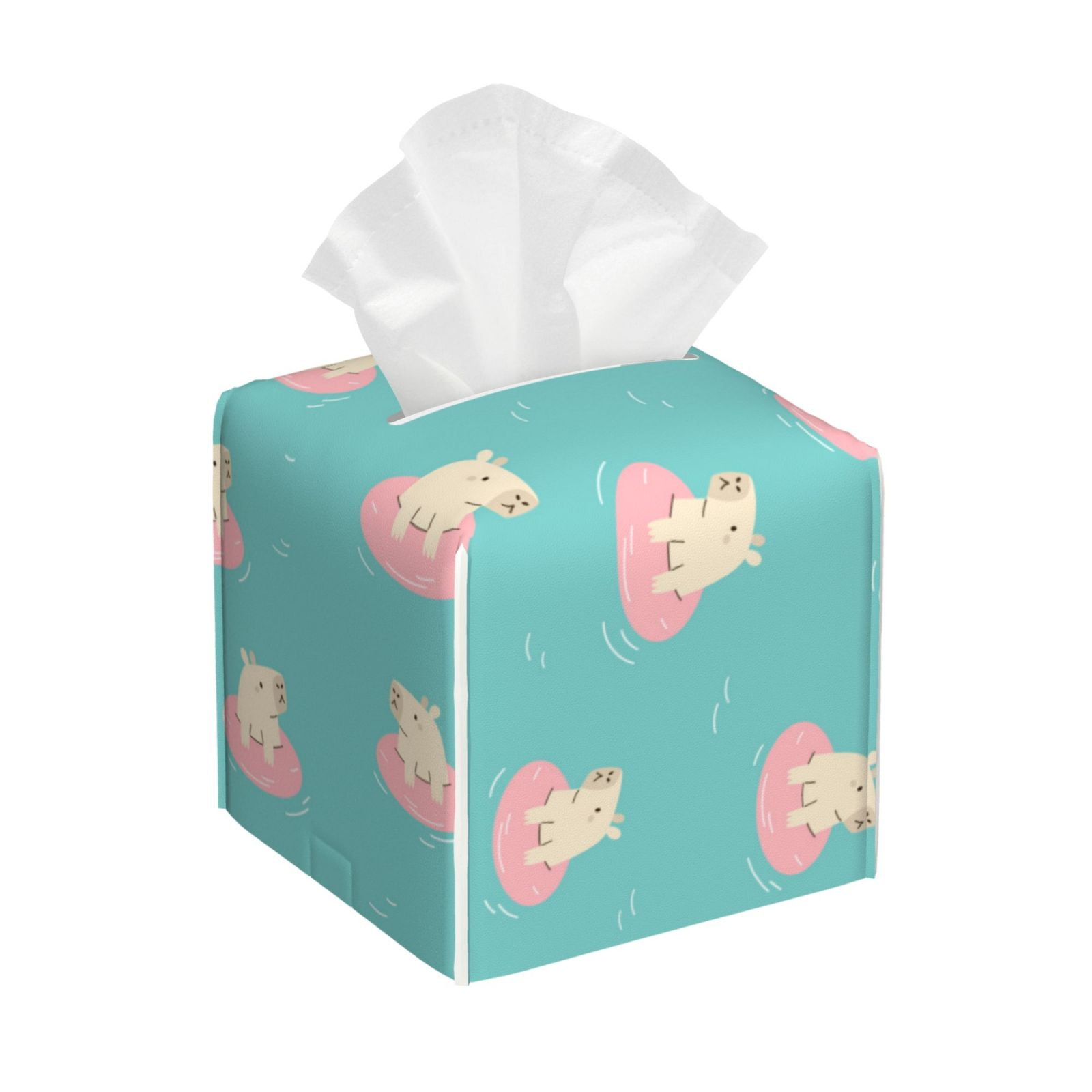 Leather Tissue Box Cover Square - Cute Swim Capybaras Waterproof Tissue ...