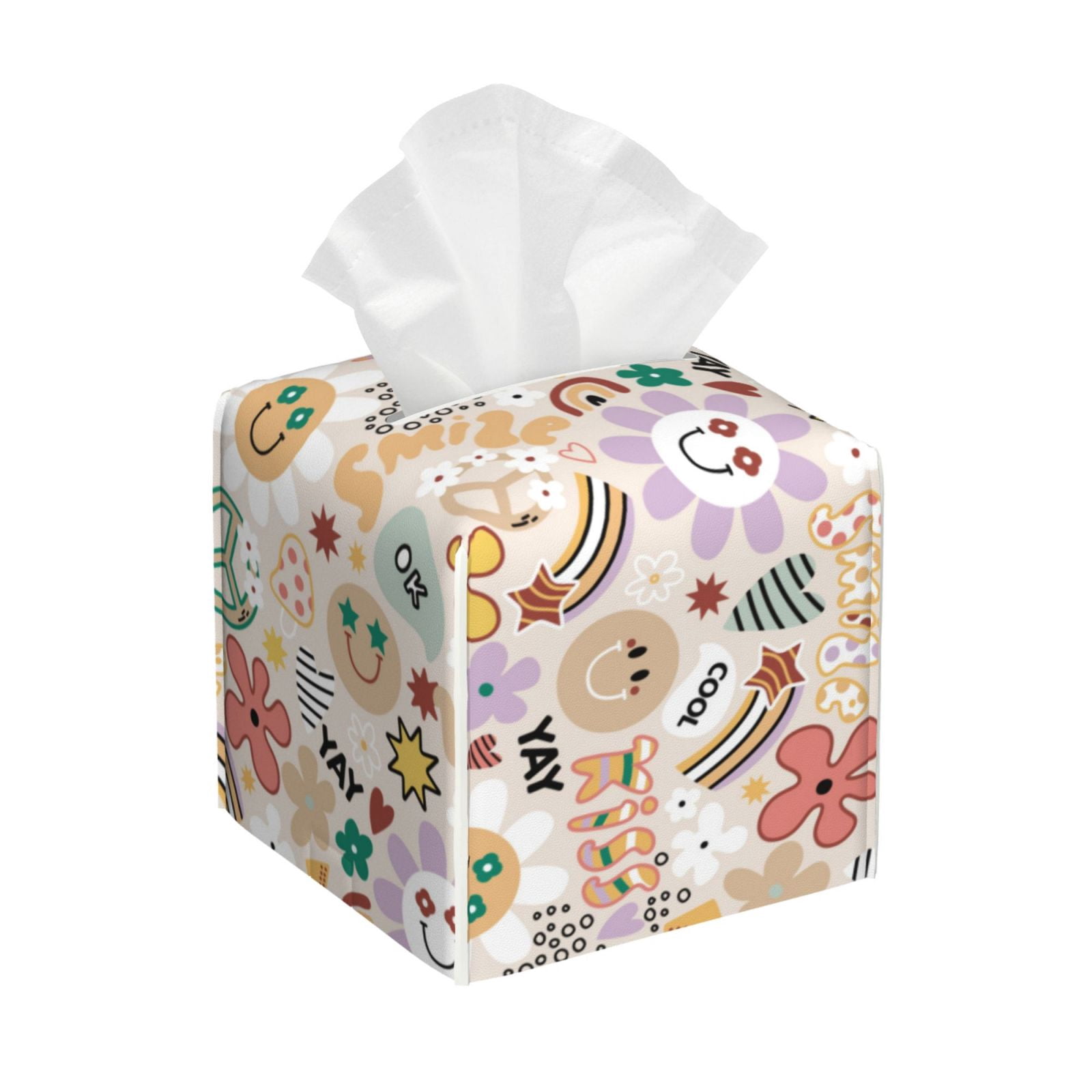 Leather Tissue Box Cover Square - Cute cartoon flowers A Lightweight ...