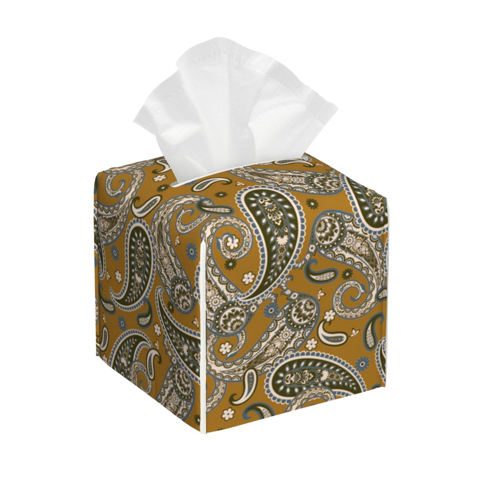 Leather Tissue Box Cover Square - Dark Yellow Green Paisley Waterproof ...
