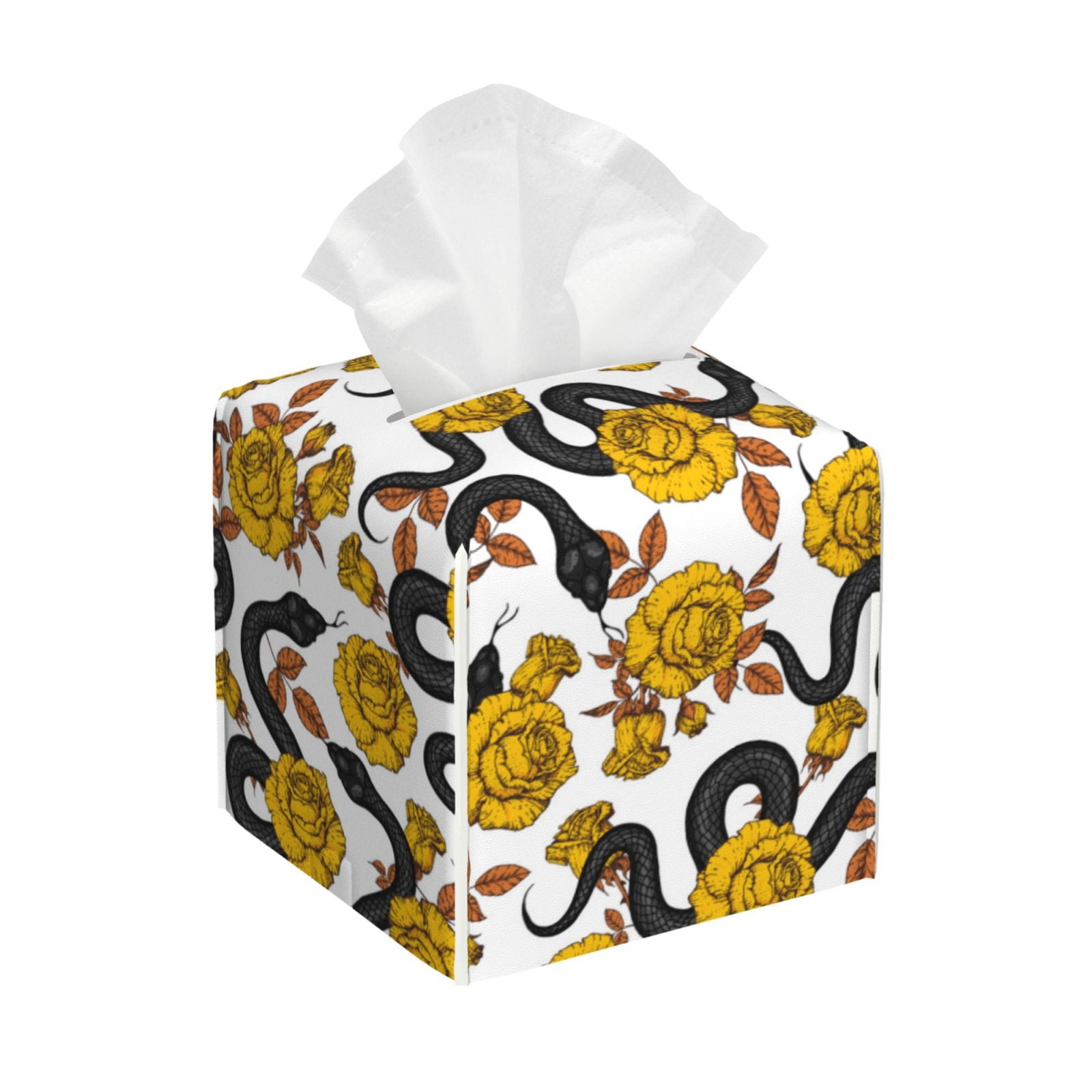 Leather Tissue Box Cover Square - Elegant Snake Black Flower Gold ...