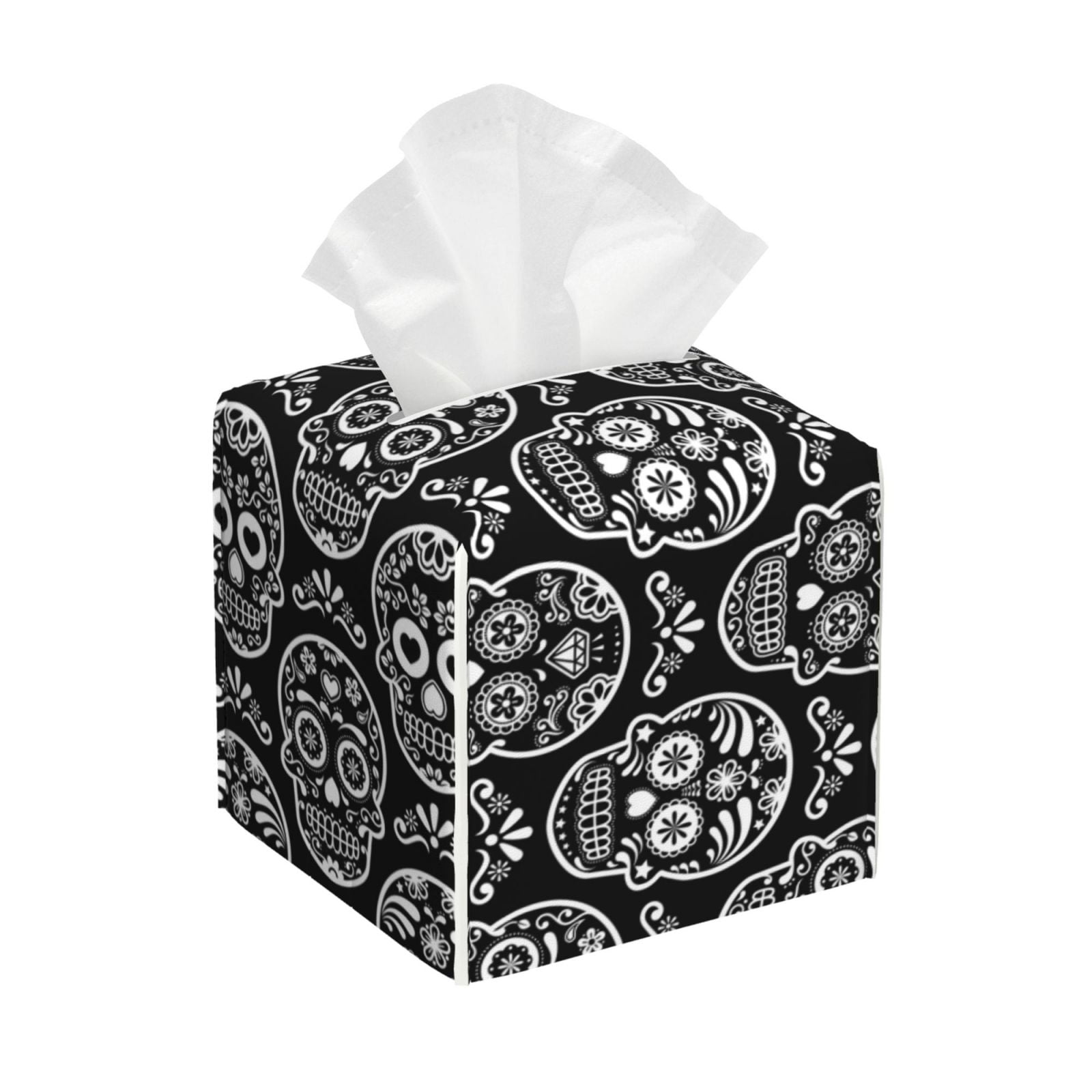 Leather Tissue Box Cover Square - Exotic Black White Line Skull ...