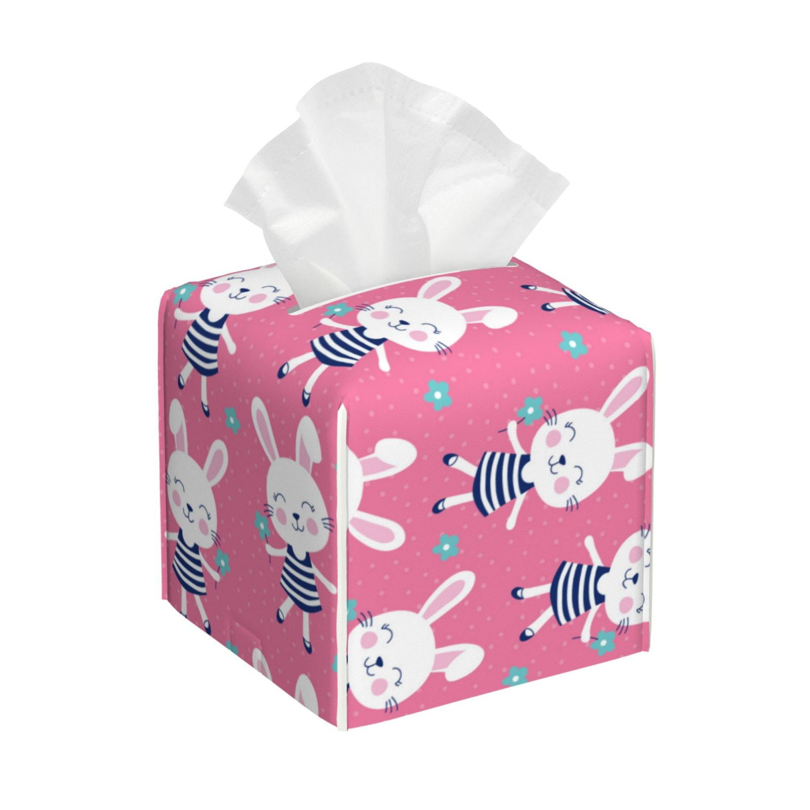 Leather Tissue Box Cover Square - Feminine Pink Cute Rabbit Flower ...