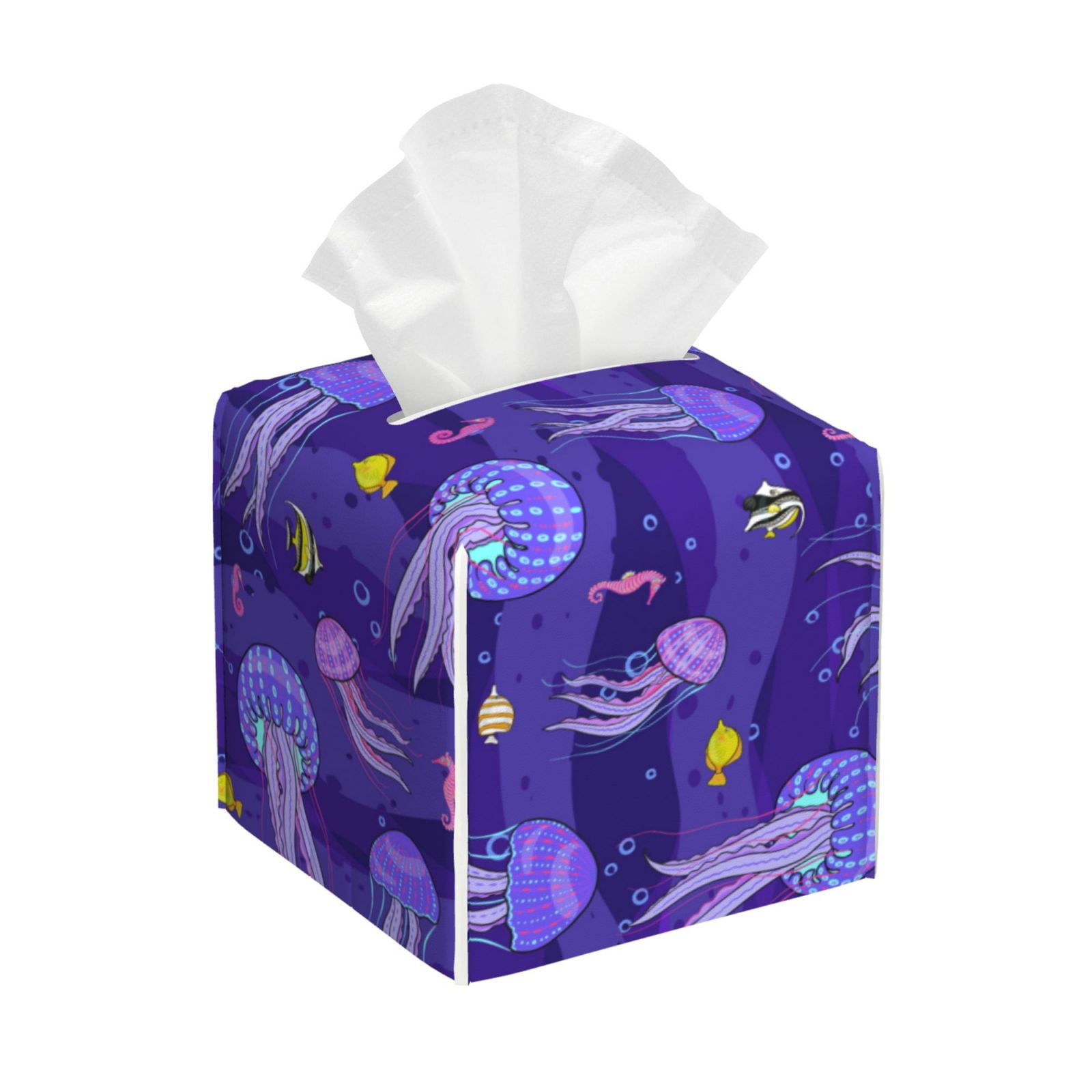 Leather Tissue Box Cover Square - Fish Jellyfish Seahorse Purple ...