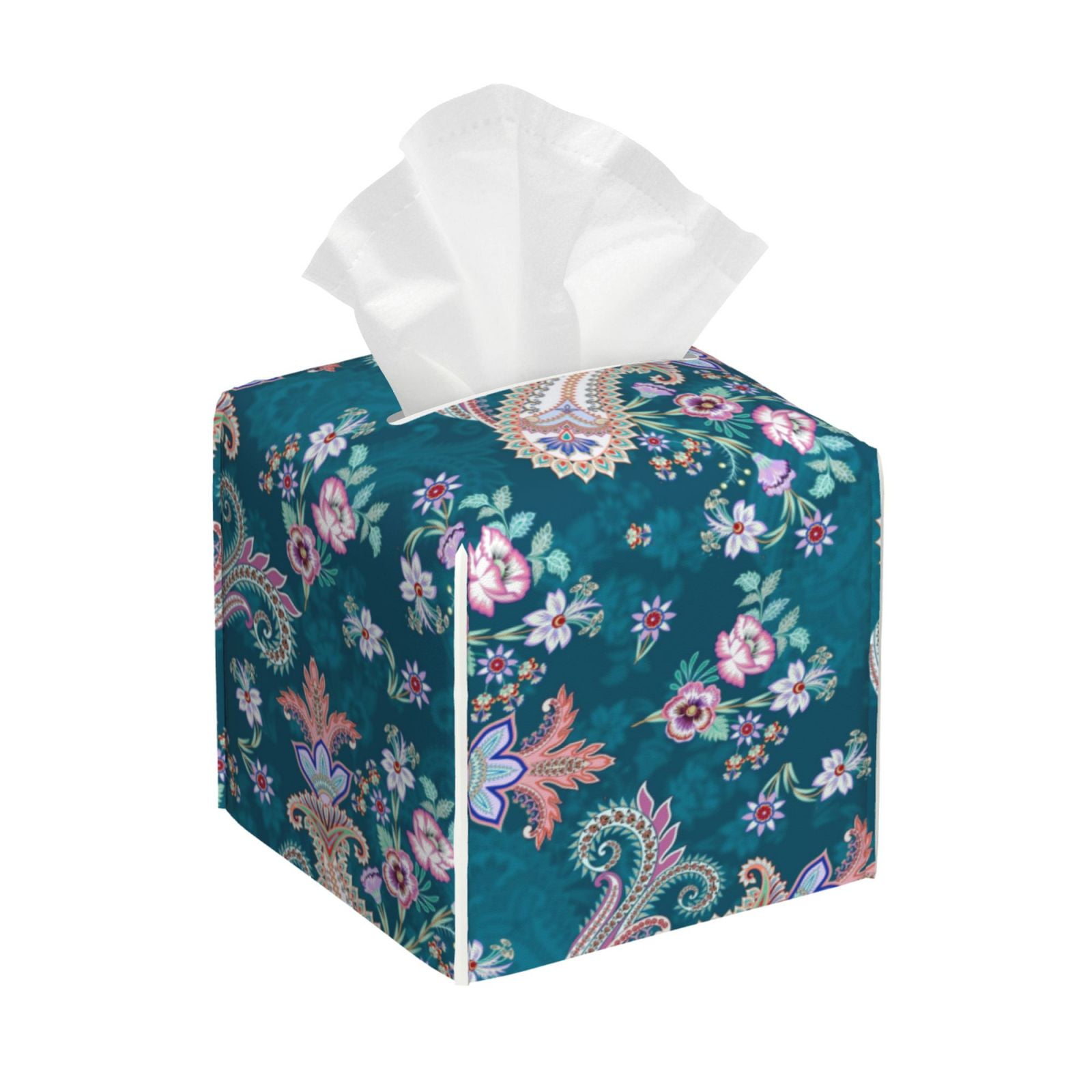 Leather Tissue Box Cover Square - Floral Paisley Pattern Green ...