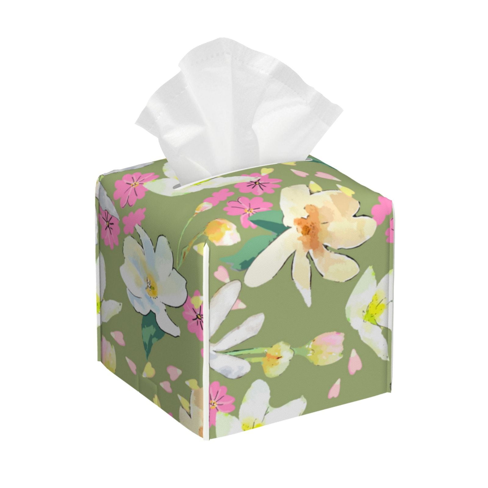 Leather Tissue Box Cover Square - Flowers And Buds Waterproof Tissue ...