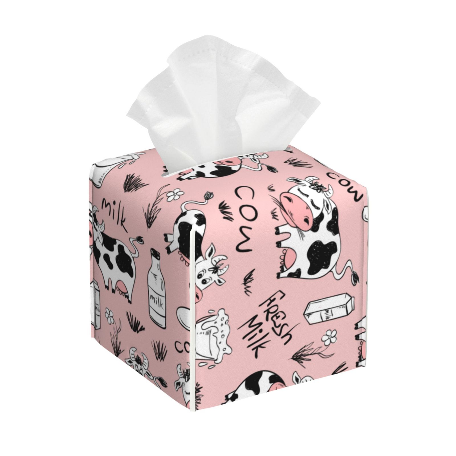 Leather Tissue Box Cover Square - Funny Cute Cartoon Milk Cow ...