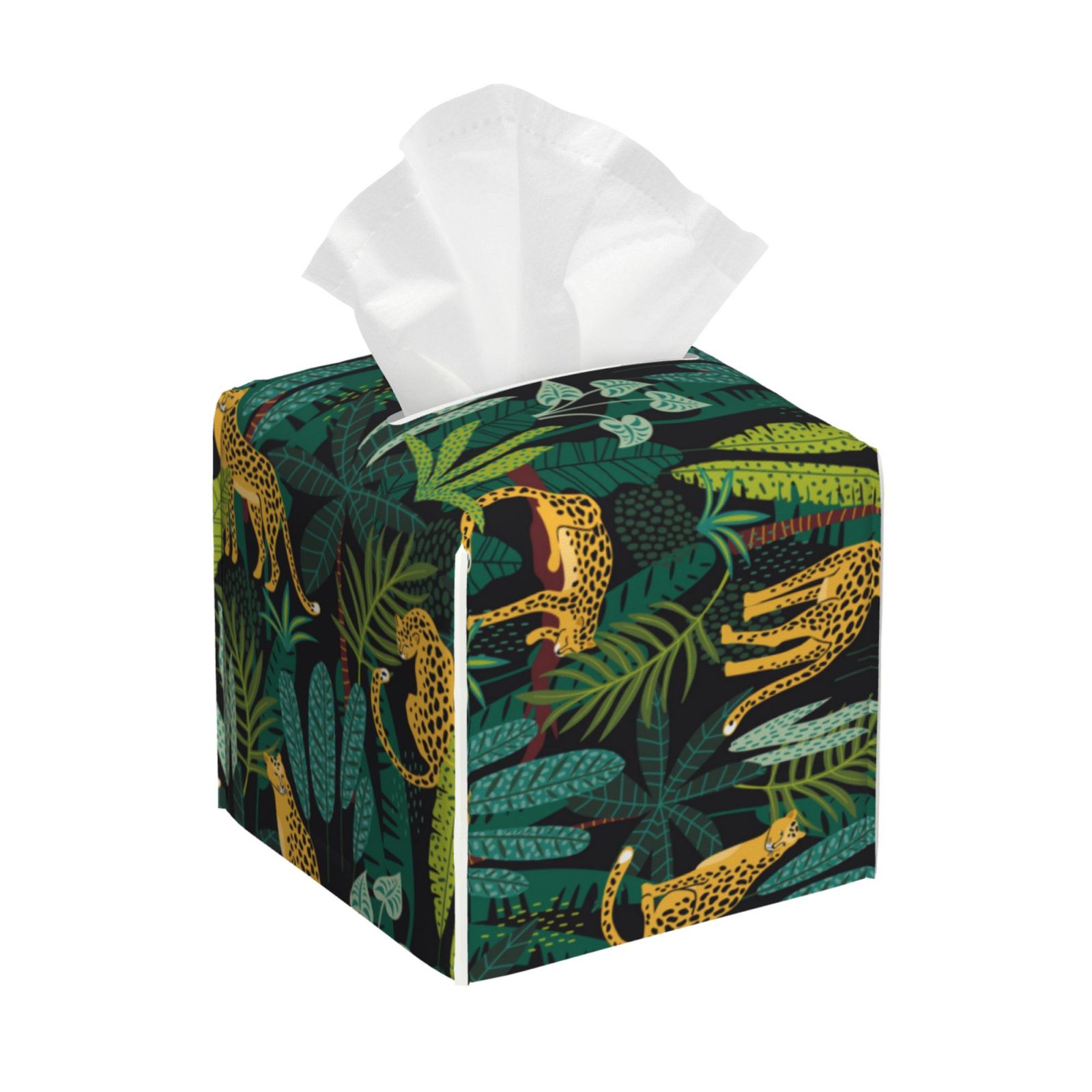 Leather Tissue Box Cover Square - Jungle leopard yellow Waterproof ...