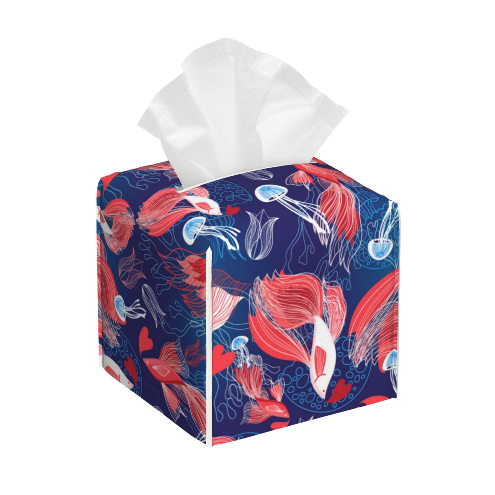 Leather Tissue Box Cover Square - Lovers Red Fish Jellyfish Lightweight ...