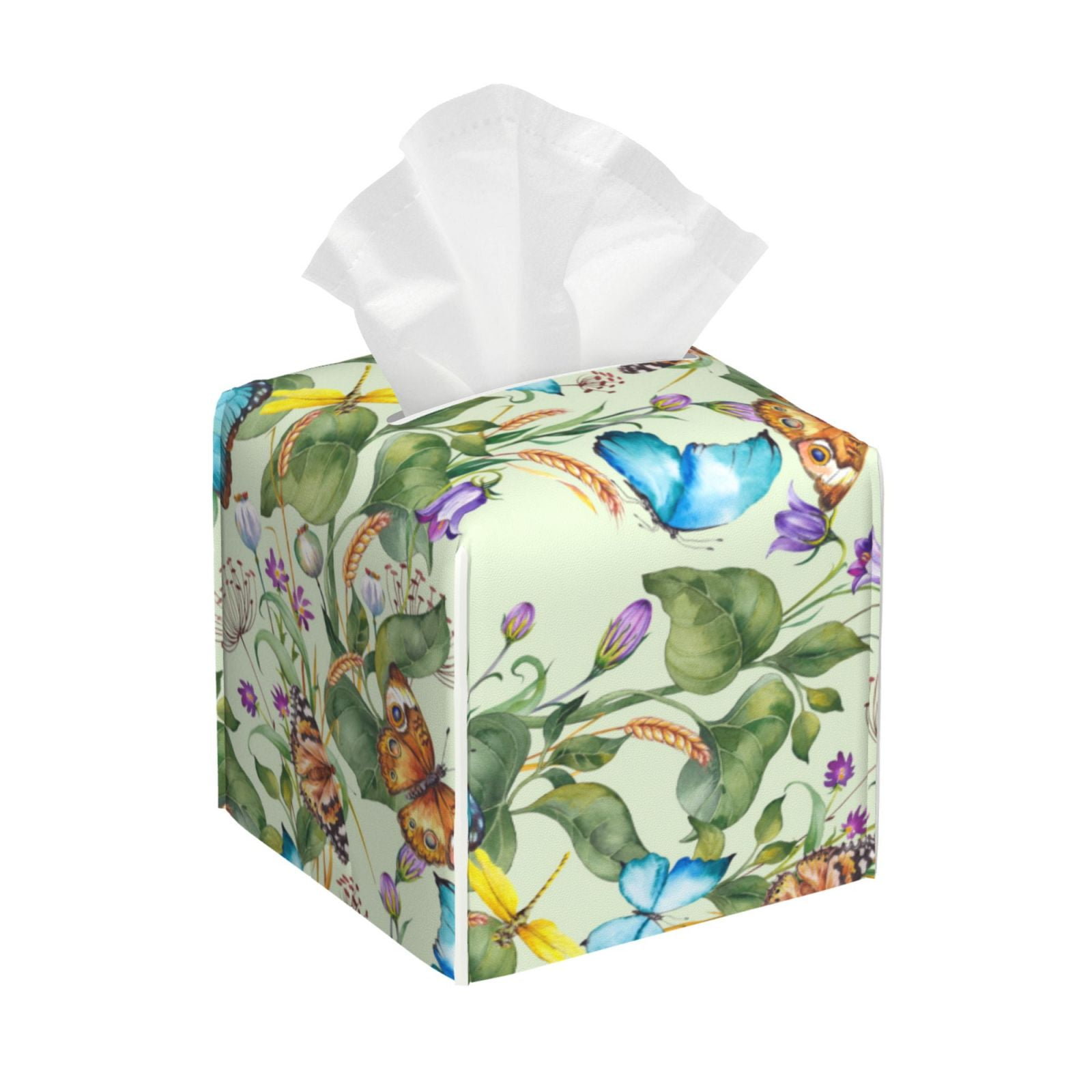 Leather Tissue Box Cover Square - Meadow Plants And Butterflies ...