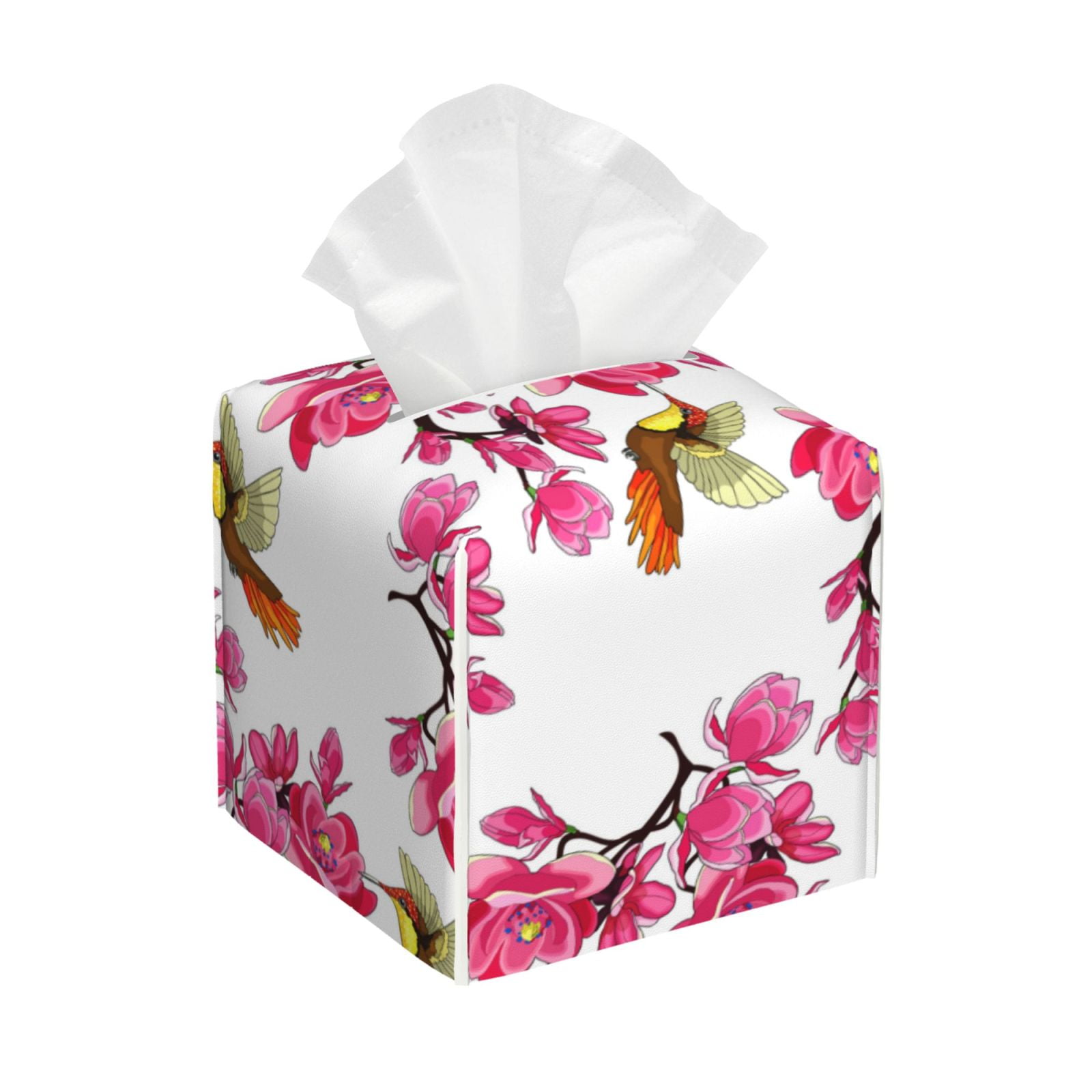 Leather Tissue Box Cover Square - Pink Magnolia Hummingbird Waterproof ...