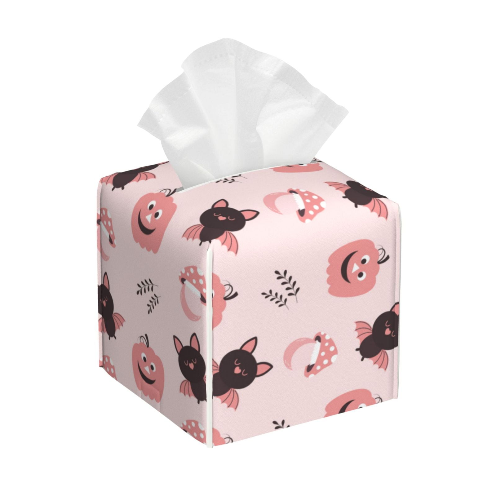 Leather Tissue Box Cover Square - Pink Pumpkin Bat Mushroom Waterproof ...
