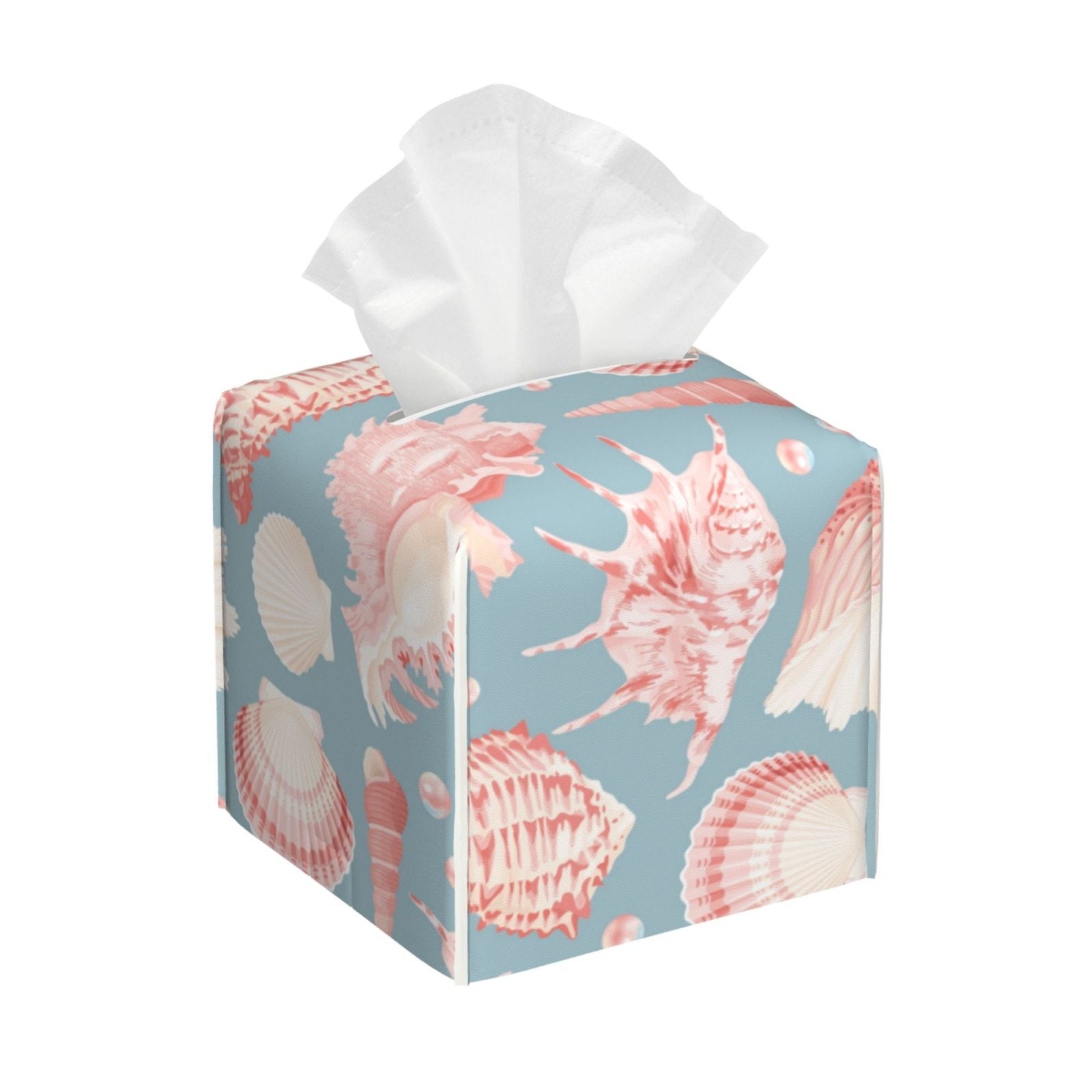 Leather Tissue Box Cover Square - Pink Shell Conch Waterproof Tissue ...