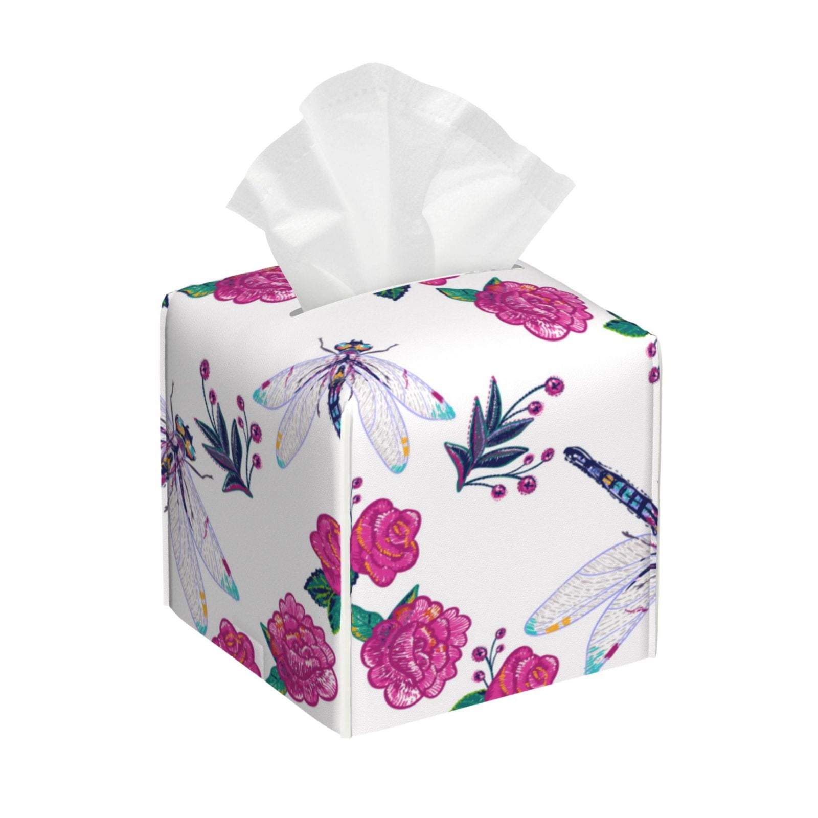 Leather Tissue Box Cover Square - Purple Carnation Dragonfly Waterproof ...