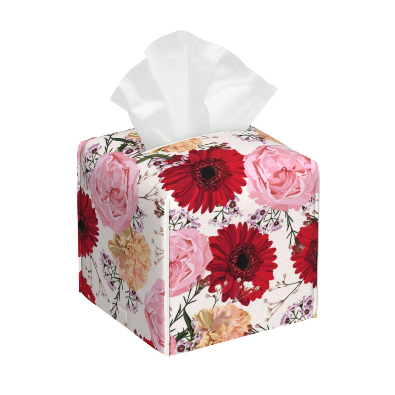 Leather Tissue Box Cover Square - Red Pink Carnations Flowers ...