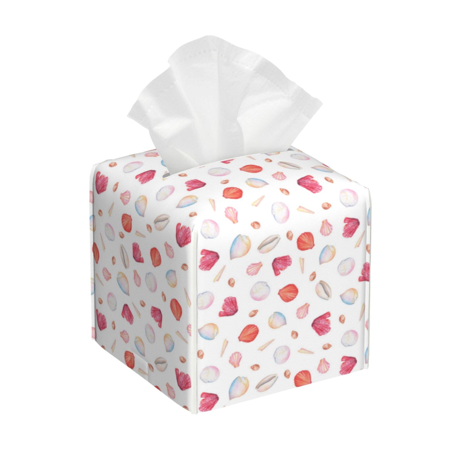 Leather Tissue Box Cover Square - Red coral and scallop seashell ...