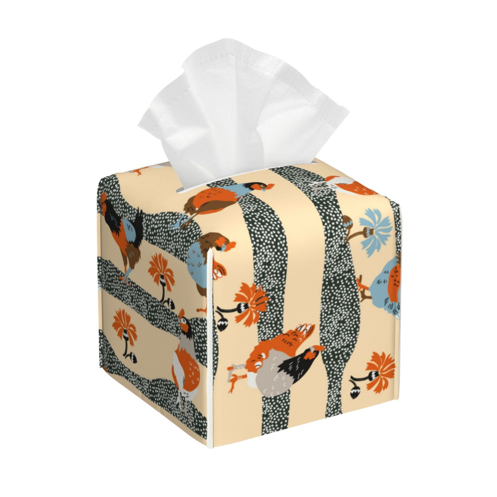 Leather Tissue Box Cover Square - Striped Colorful Chicken Flowers ...