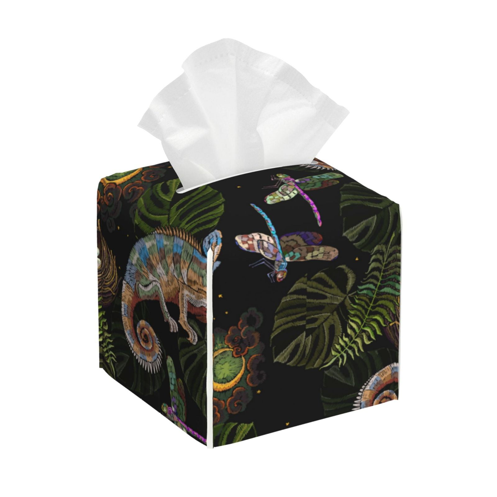 Leather Tissue Box Cover Square - Surreal Cute Chameleon Dragonfly ...