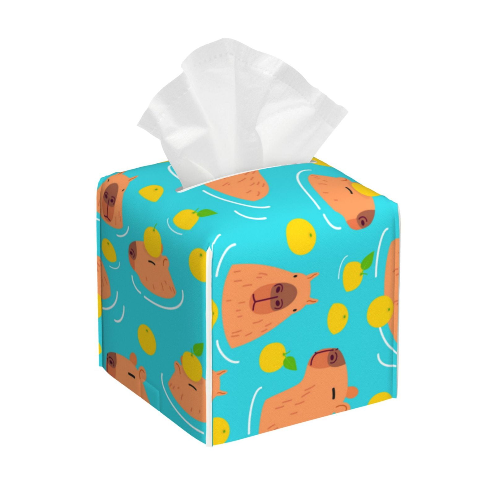 Leather Tissue Box Cover Square - Swim Capybaras Orange Lightweight ...