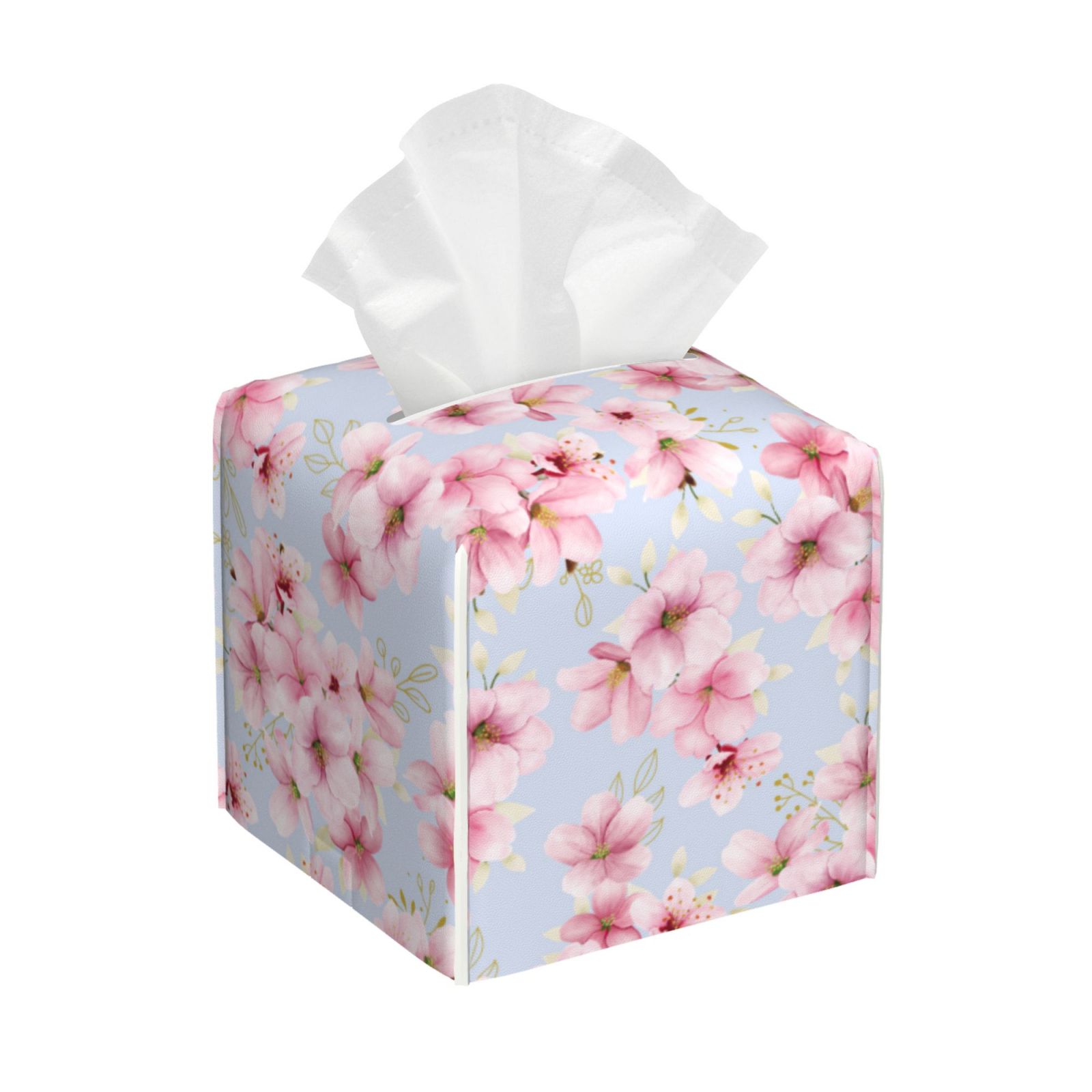 Leather Tissue Box Cover Square - Watercolor berry blossom blue ...