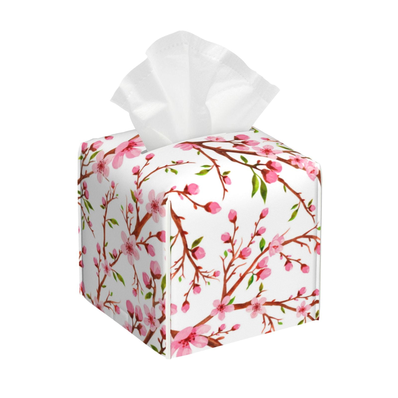 Leather Tissue Box Cover Square - Watercolor berry blossom white ...