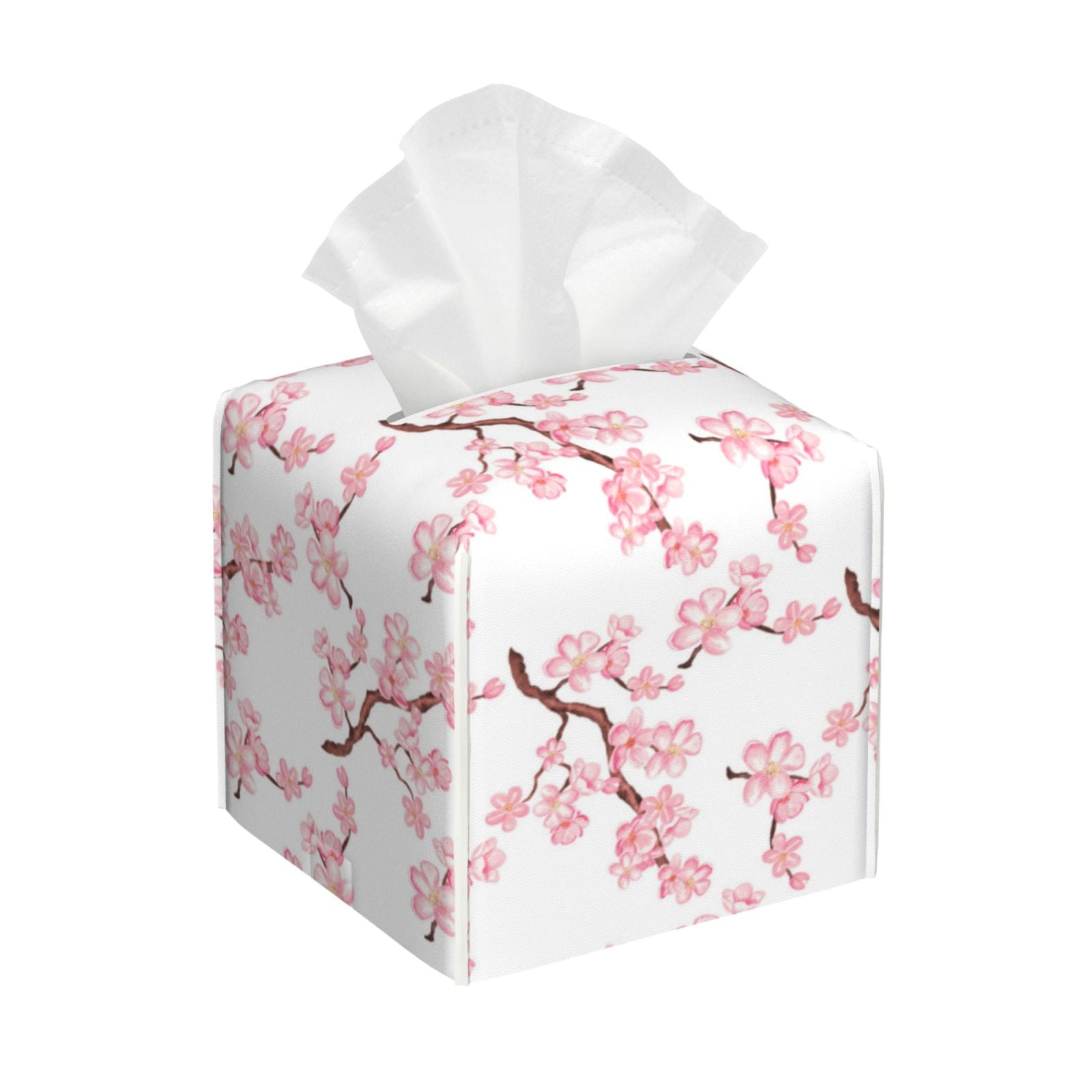 Leather Tissue Box Cover Square - Watercolor floral pink berry blossom ...