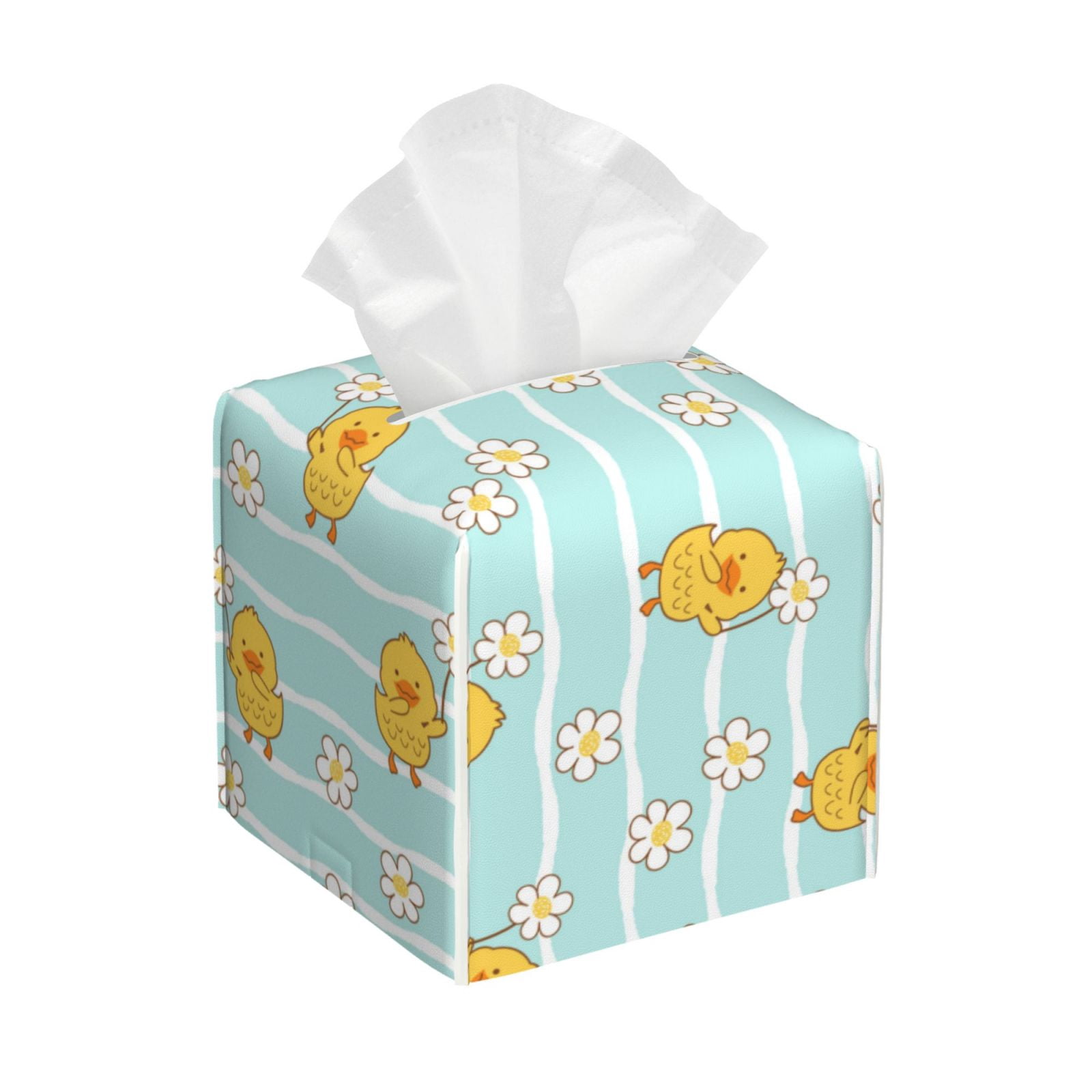 Leather Tissue Box Cover Square - Wavy Pattern Cute Duck Daisy ...