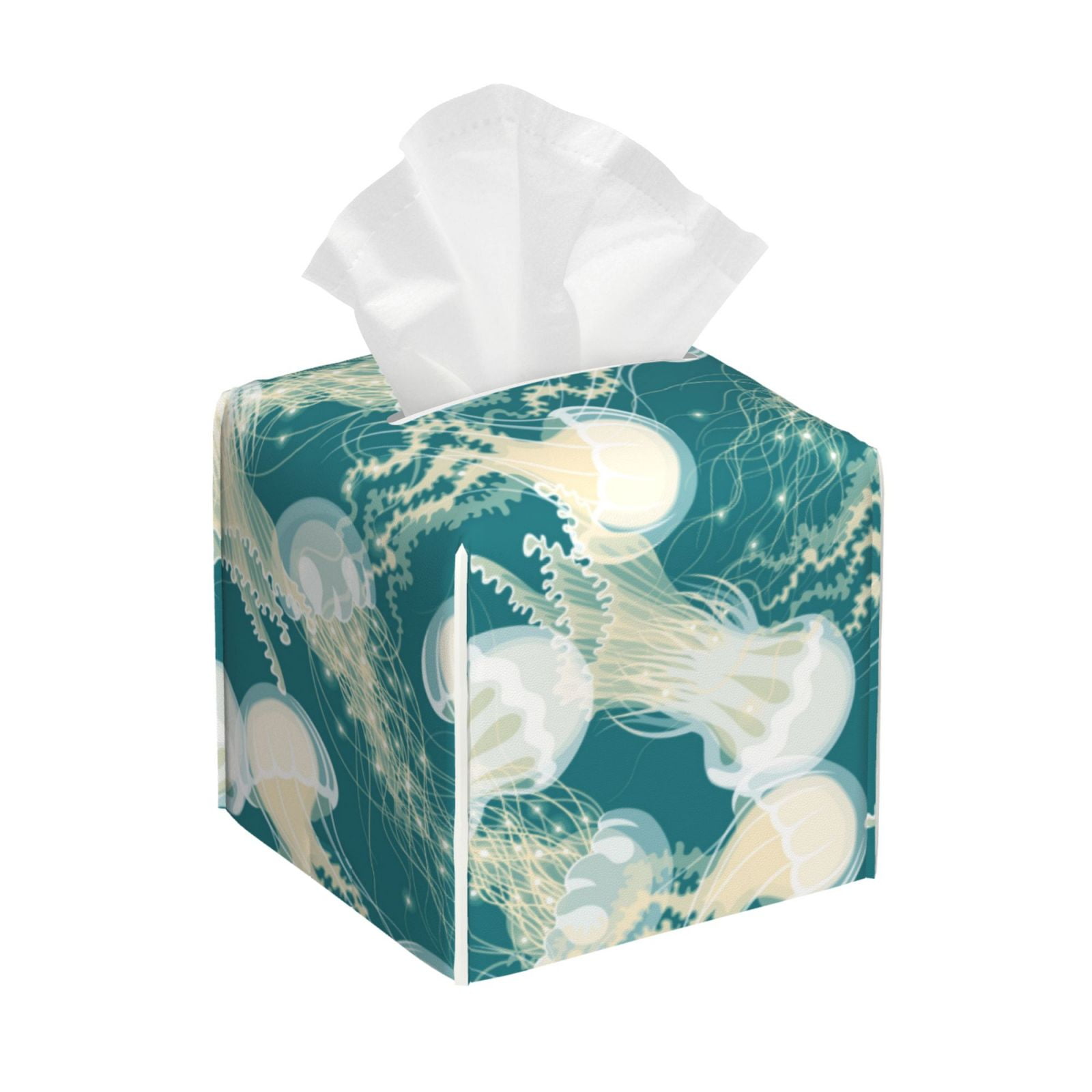 Leather Tissue Box Cover Square - White Jellyfish Print Green ...