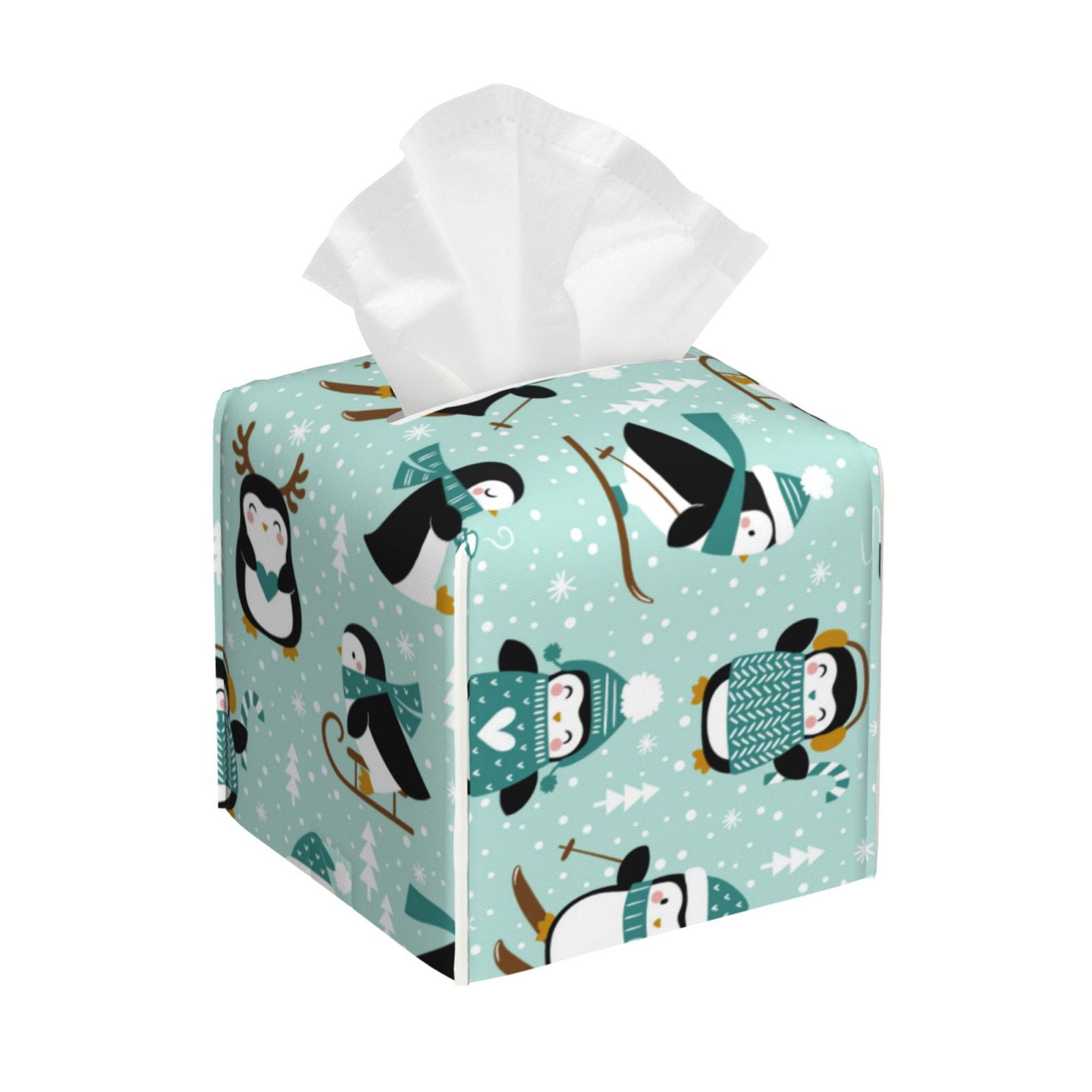 Leather Tissue Box Cover Square - Winter Skiing Penguin Waterproof ...