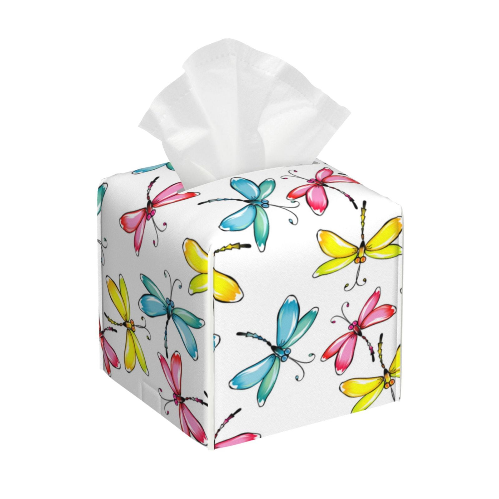 Leather Tissue Box Cover Square - Yellow Blue Pink Dragonfly Waterproof ...