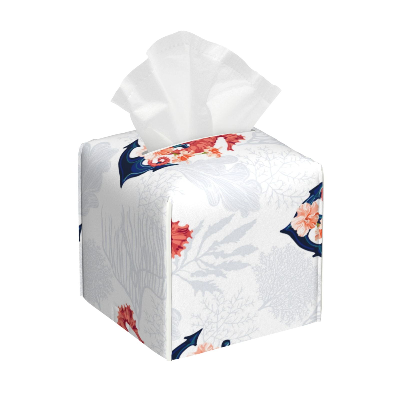 Leather Tissue Box Cover Square - aesthetic anchor hibiscus seahorse ...