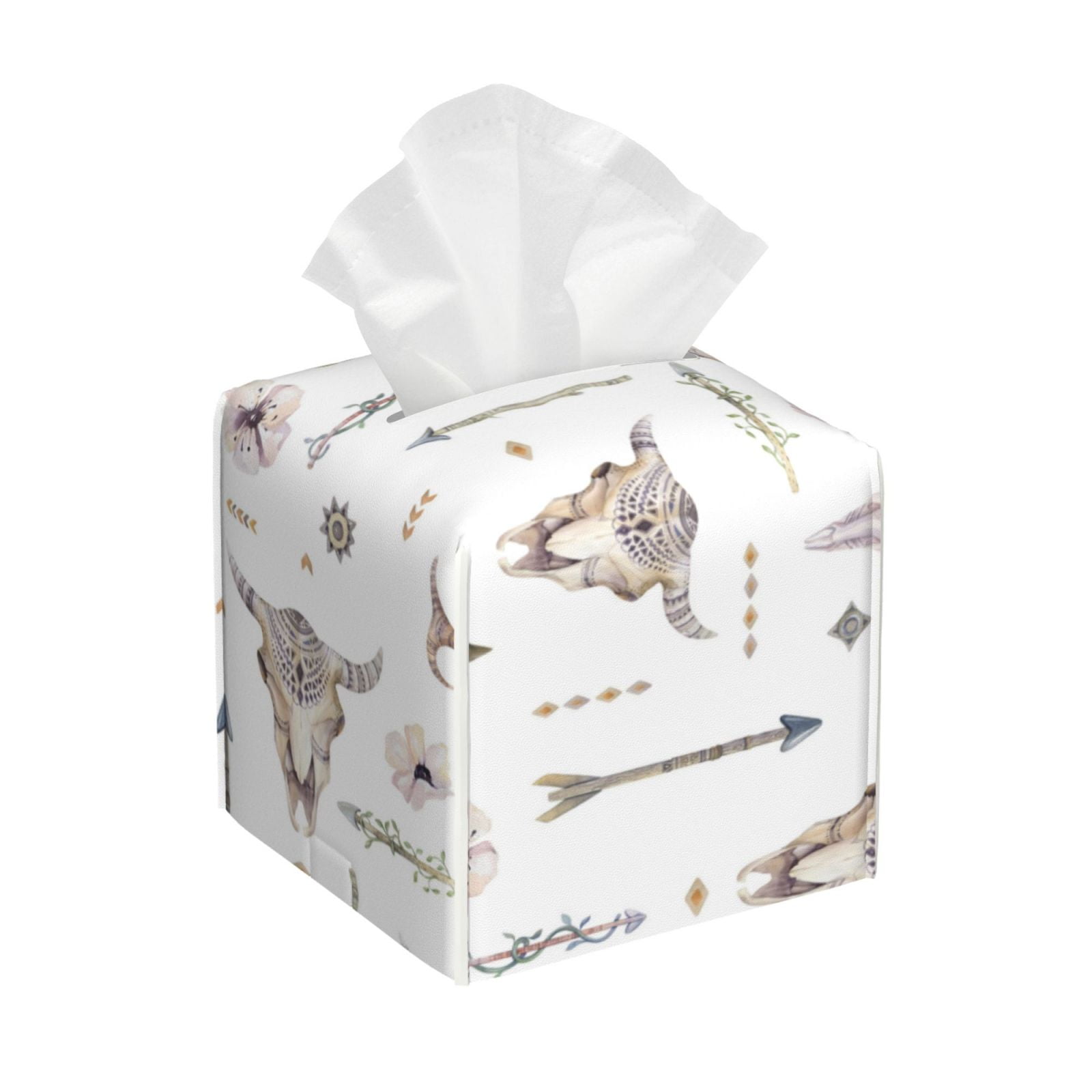 Leather Tissue Box Cover Square - boho cow skull arrows Indian ...