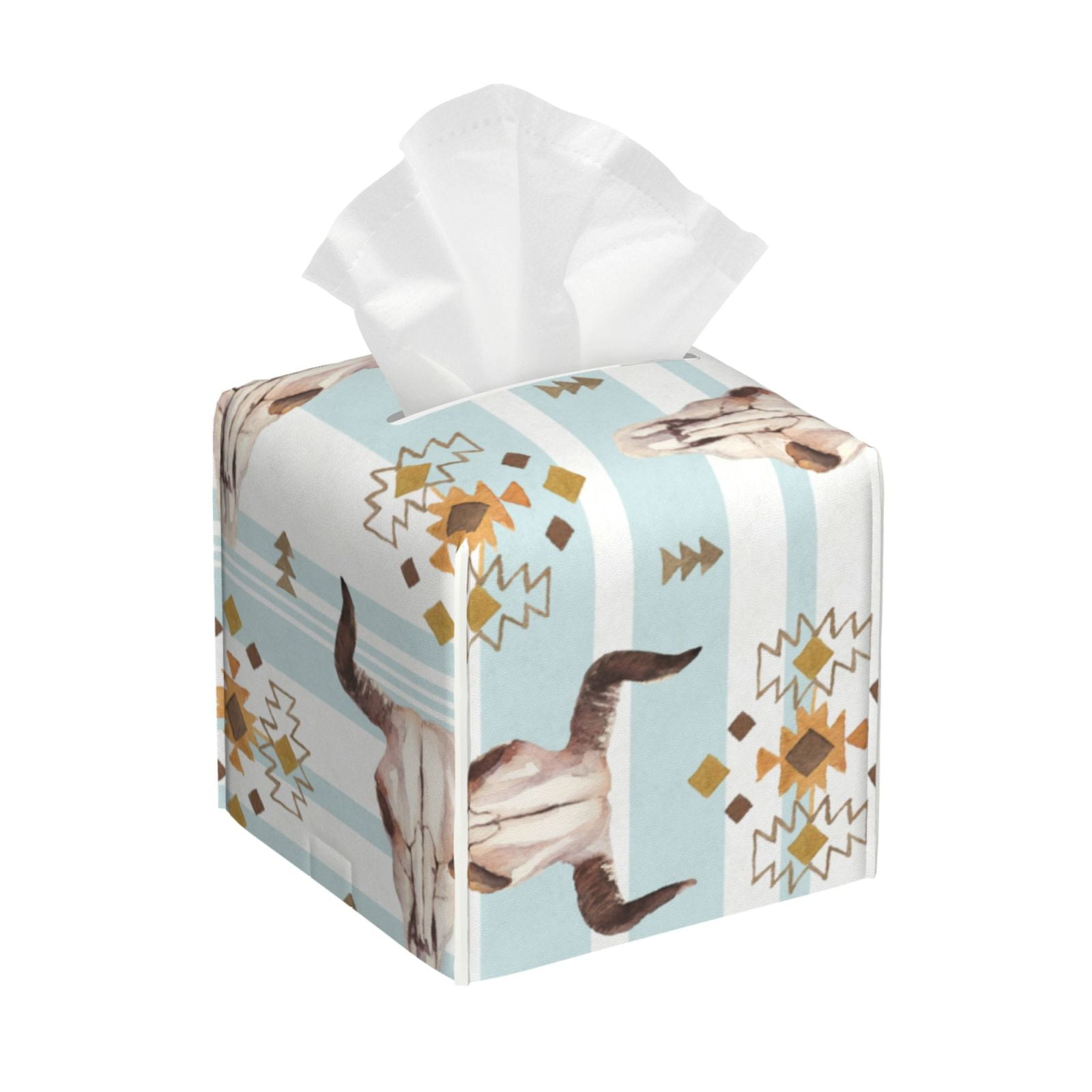 Leather Tissue Box Cover Square - bull cow skull boho print Waterproof ...