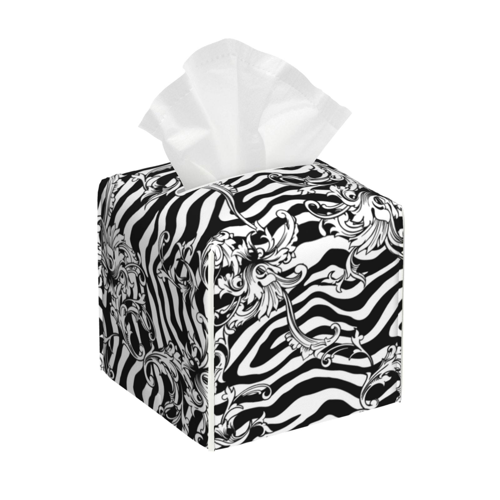 Leather Tissue Box Cover Square - cool white black flower zebra print ...