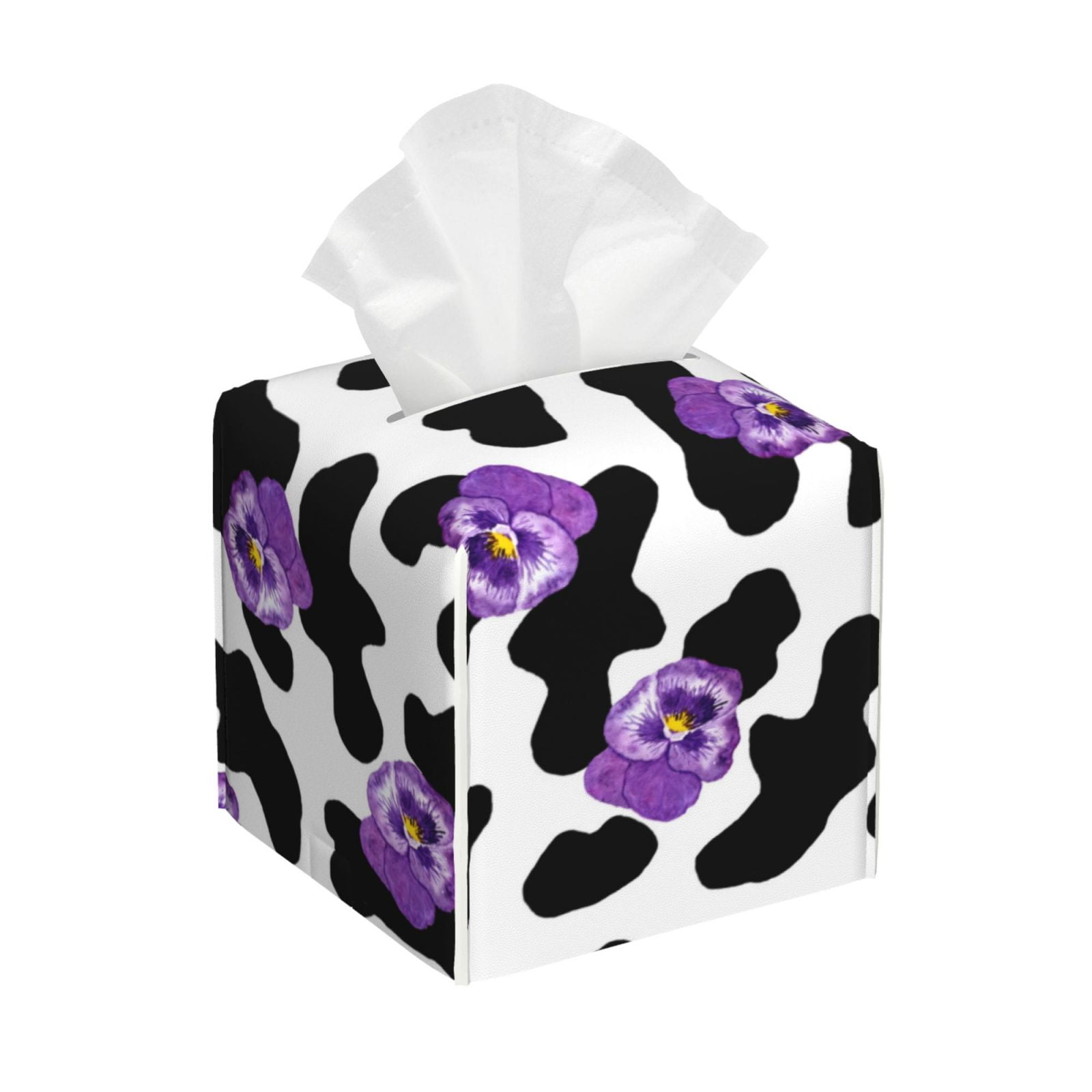 Leather Tissue Box Cover Square - cow print purple violet flower ...