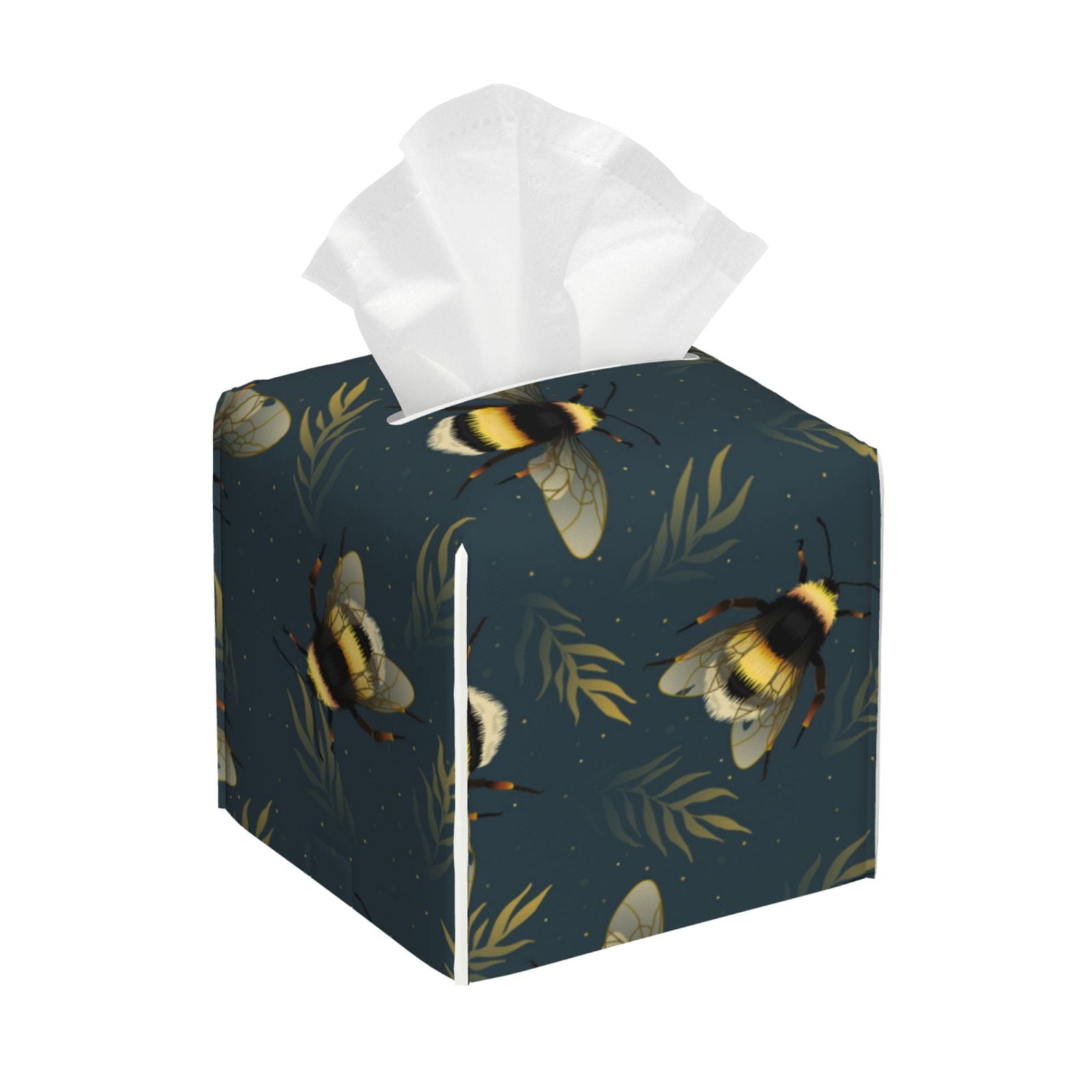 Leather Tissue Box Cover Square - cute bee leaves dark Waterproof ...