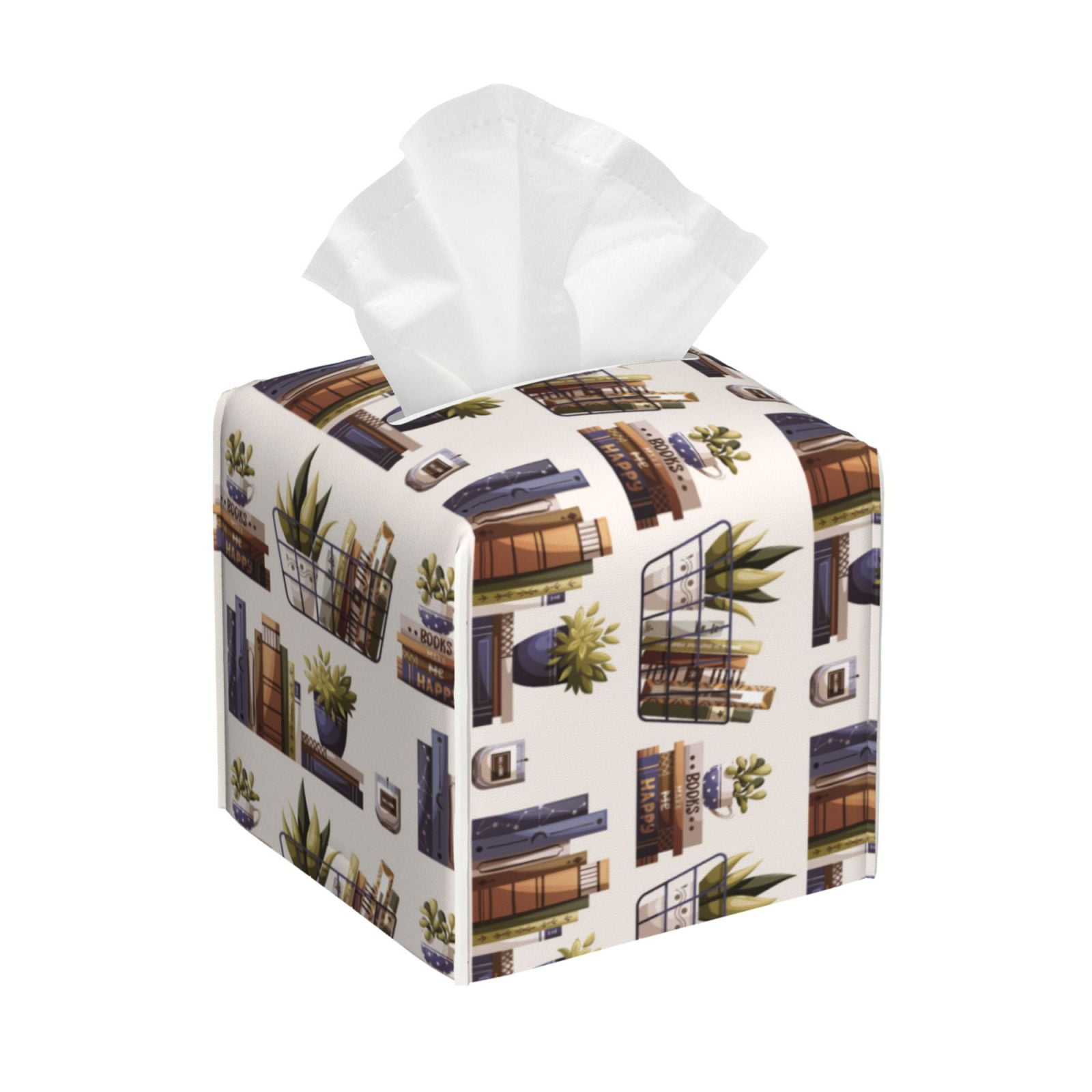Leather Tissue Box Cover Square - cute books plants reading print ...