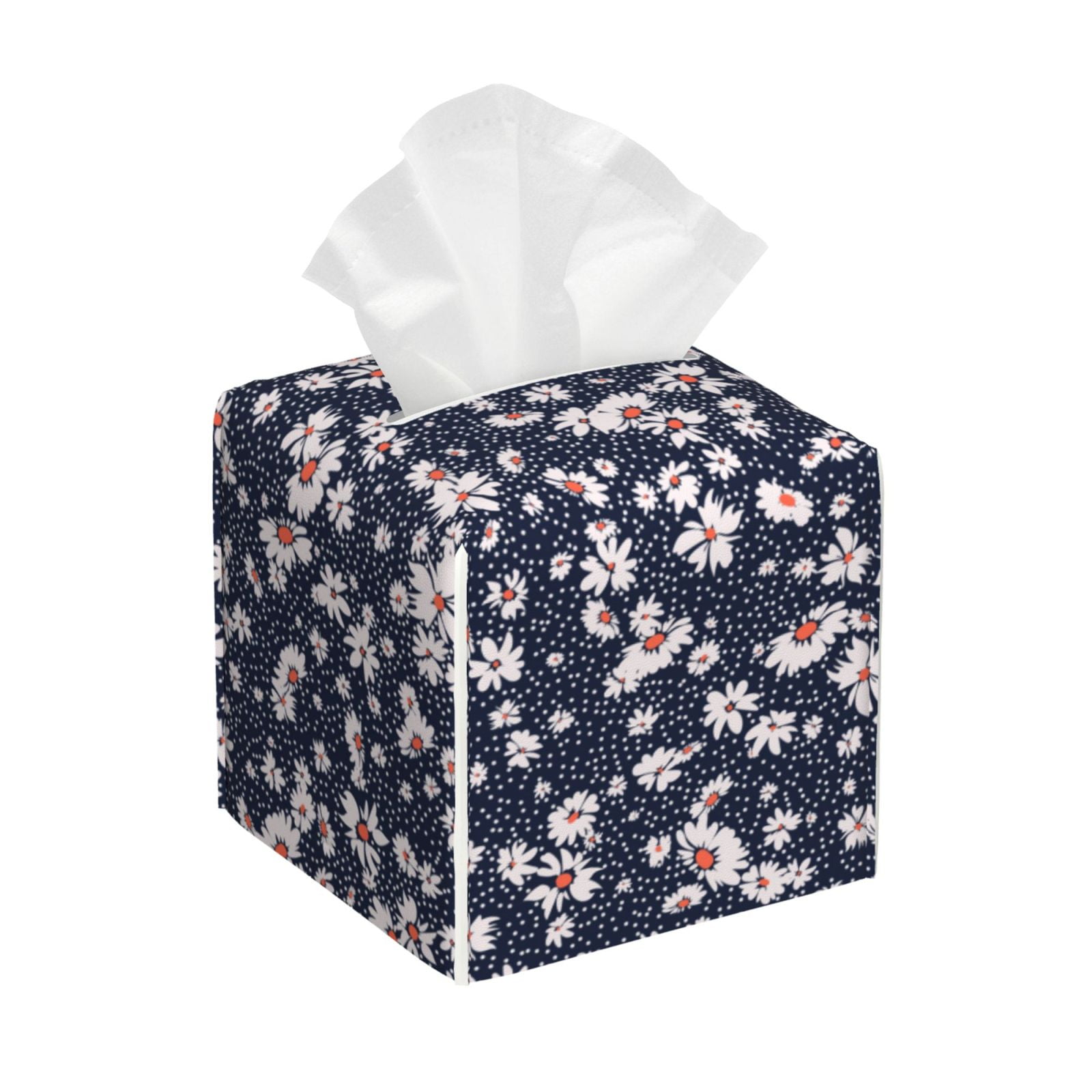 Leather Tissue Box Cover Square - daisies floral dotted navyblue ...