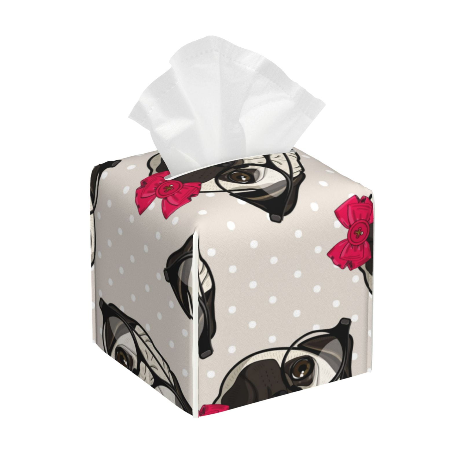 Leather Tissue Box Cover Square - funny dog Pug red bow glasses ...